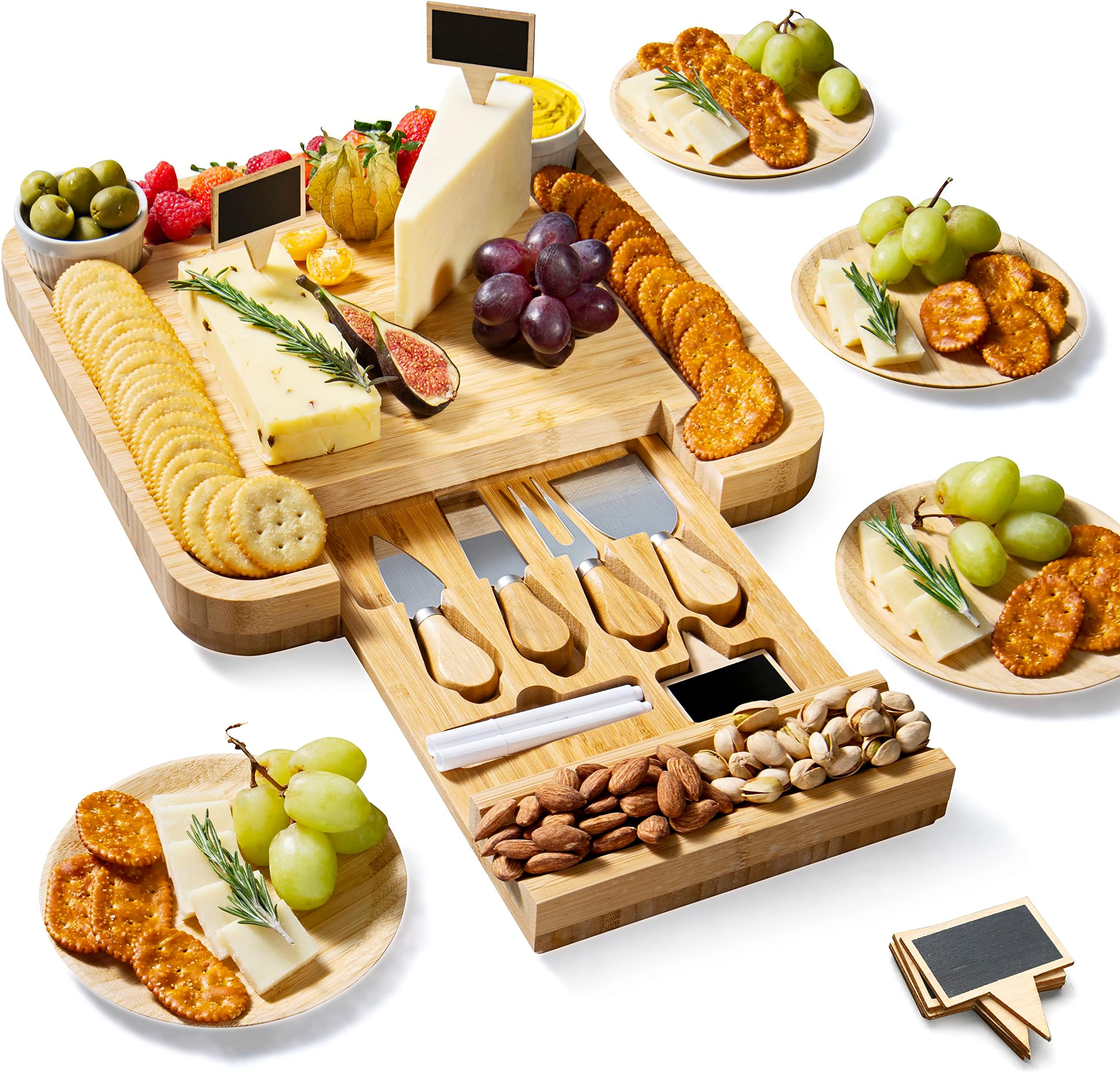 Amazon.com: Bamboo Cheese Board with Cutlery Set: Elegant Wood ...