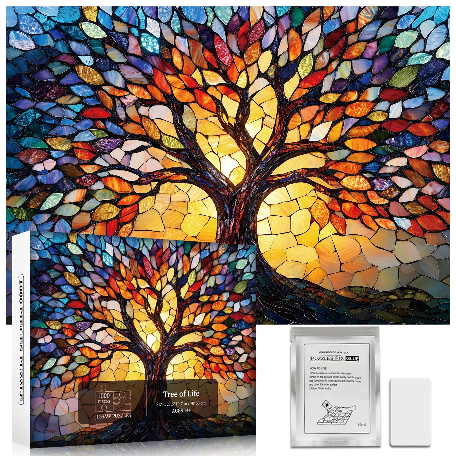 Amazon.com: Stained Glass Puzzles for Adults 1000 Pieces - Mosaic Tree of Life Jigsaw Puzzles ...