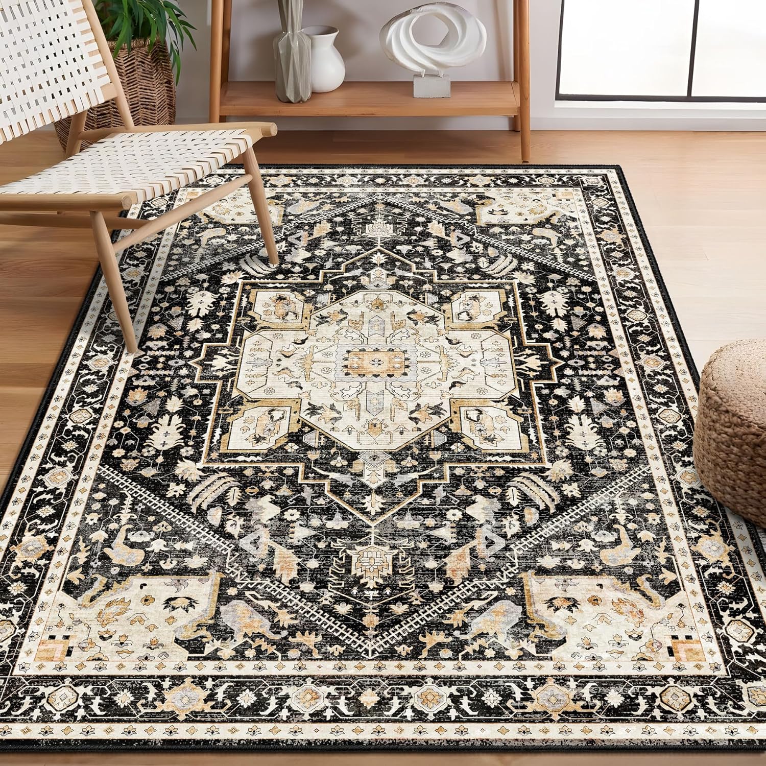MUJOO Black Rug 3'x5' Washable,Boho Small Area Rugs for Bedroom ...