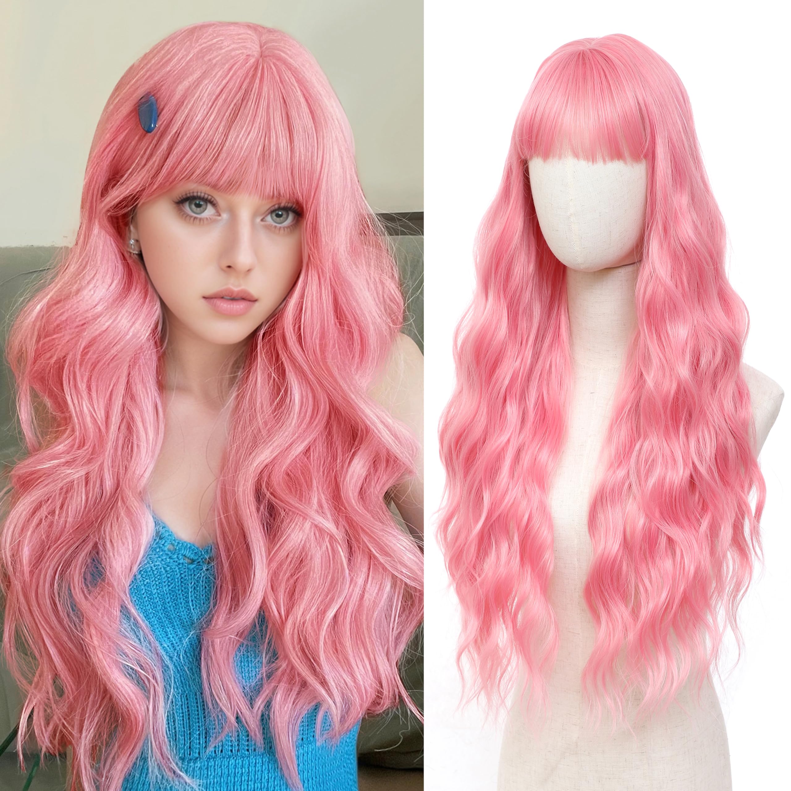 Amazon.com : BUPPLER Cosplay Long Pink Wig 29 Inch Middle Part ...