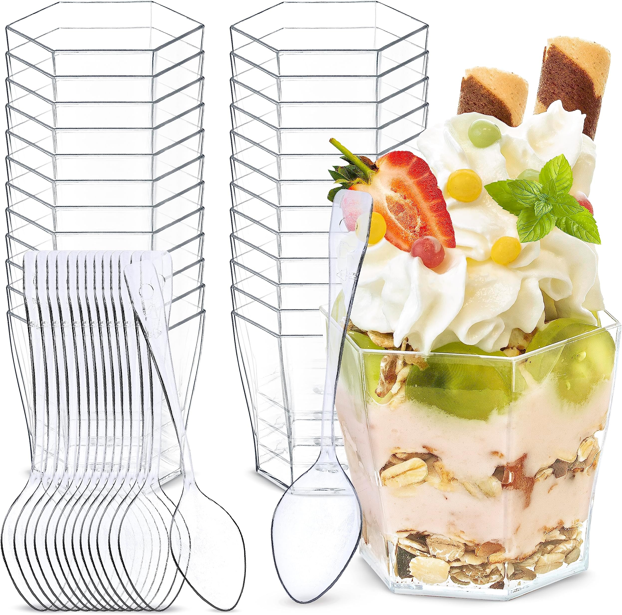 LATERN Pack of 50 Plastic Dessert Cups, 200 ml Curved Round Dessert ...