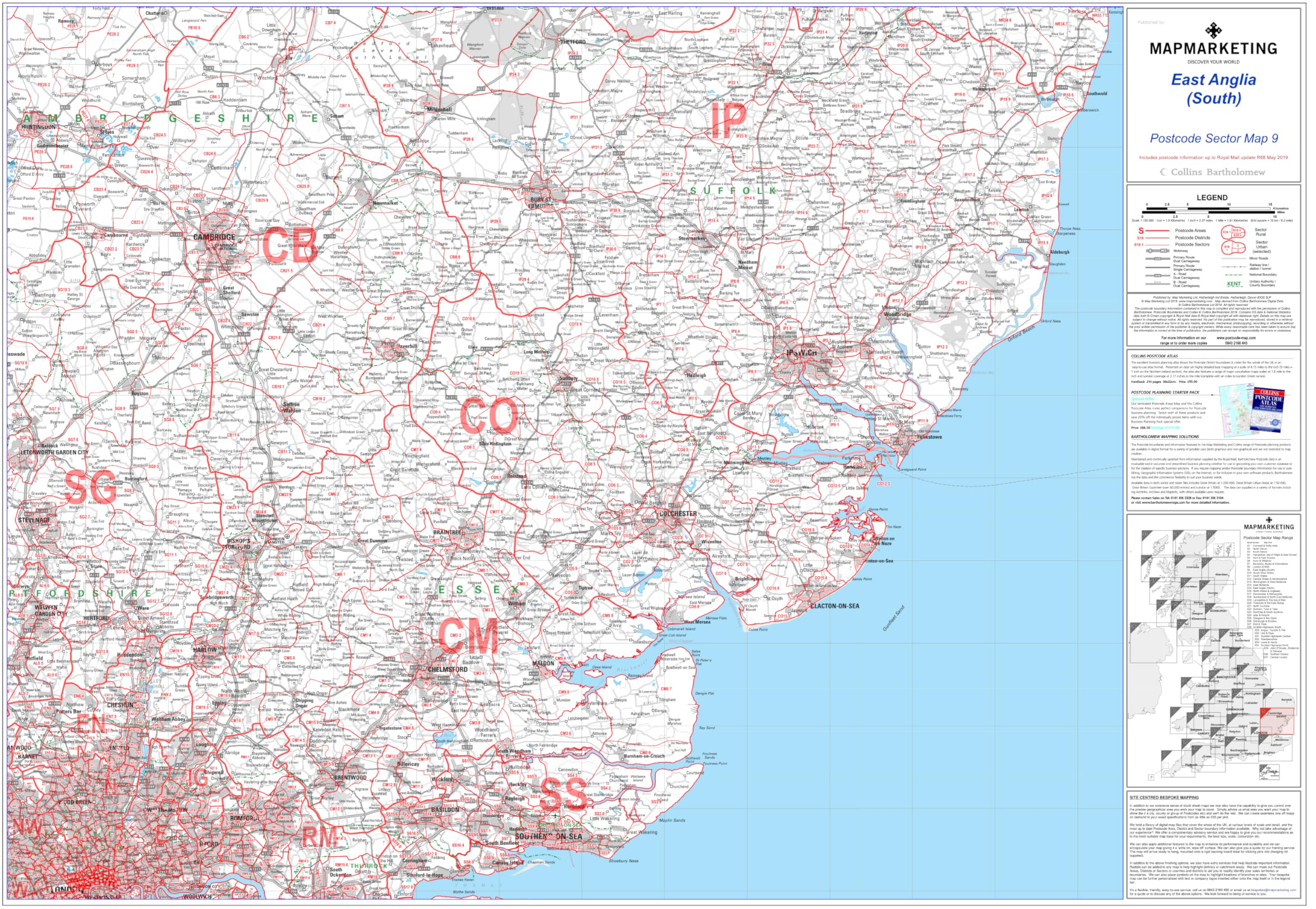 East Anglia Postcode Sector Wall Map- Postcode Sector Map 9 - Laminated ...