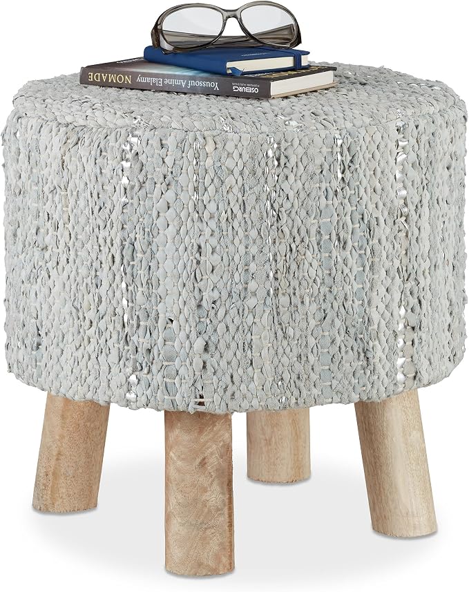 Relaxdays Hocker Grau und Metallic, runder Sitzhocker mit Echtleder ...