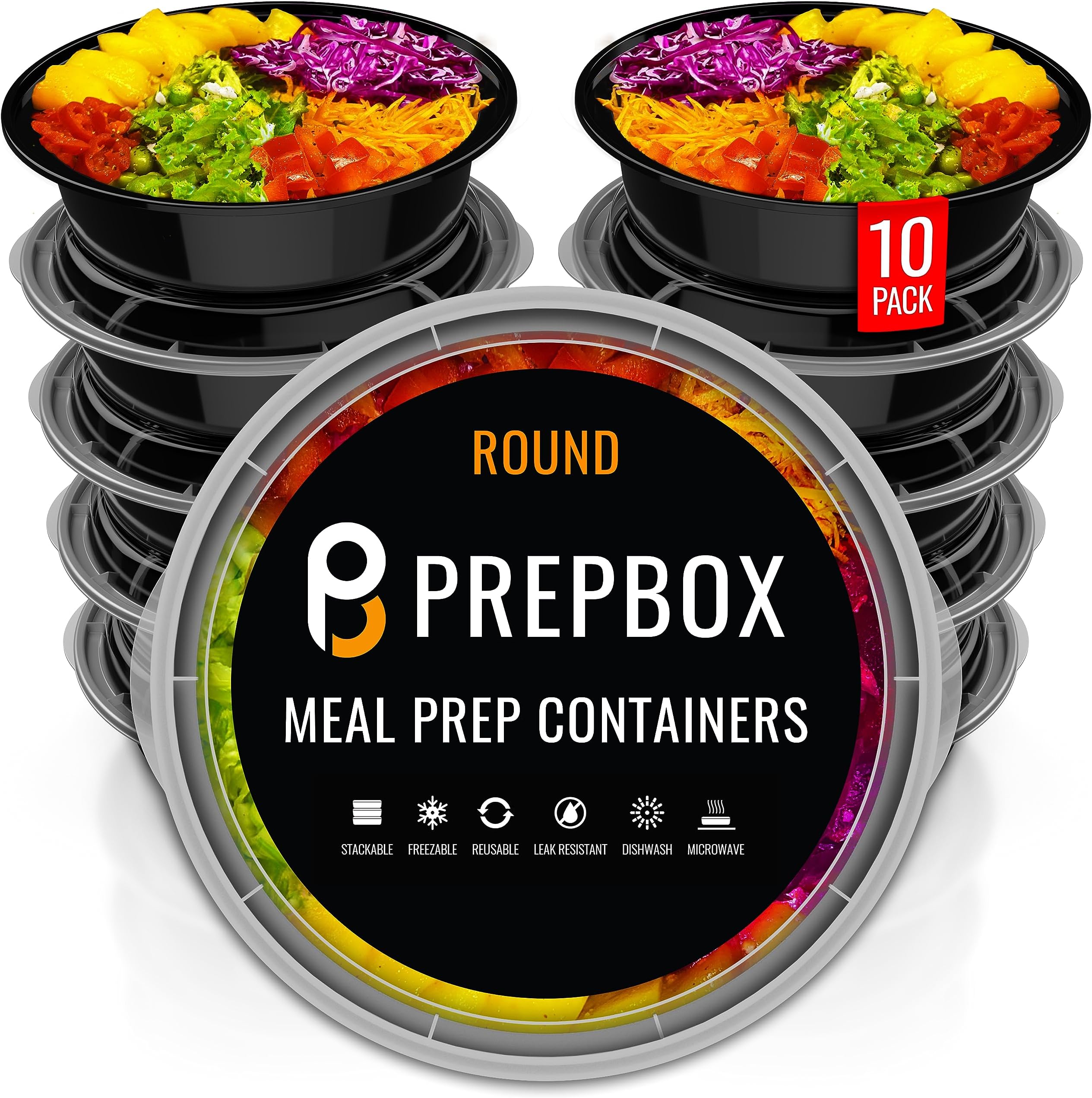 Efforias Round Plastic Meal Prep Containers (10 Pack, 32oz) - Reusable ...