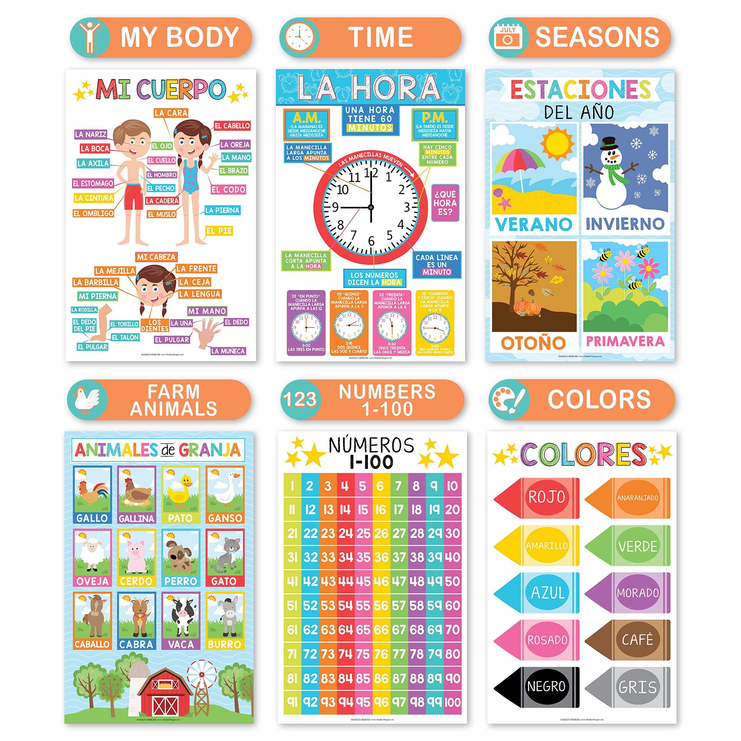 Buy 12 Spanish Educational Posters, Bilingual Learning Chart for Prek ...