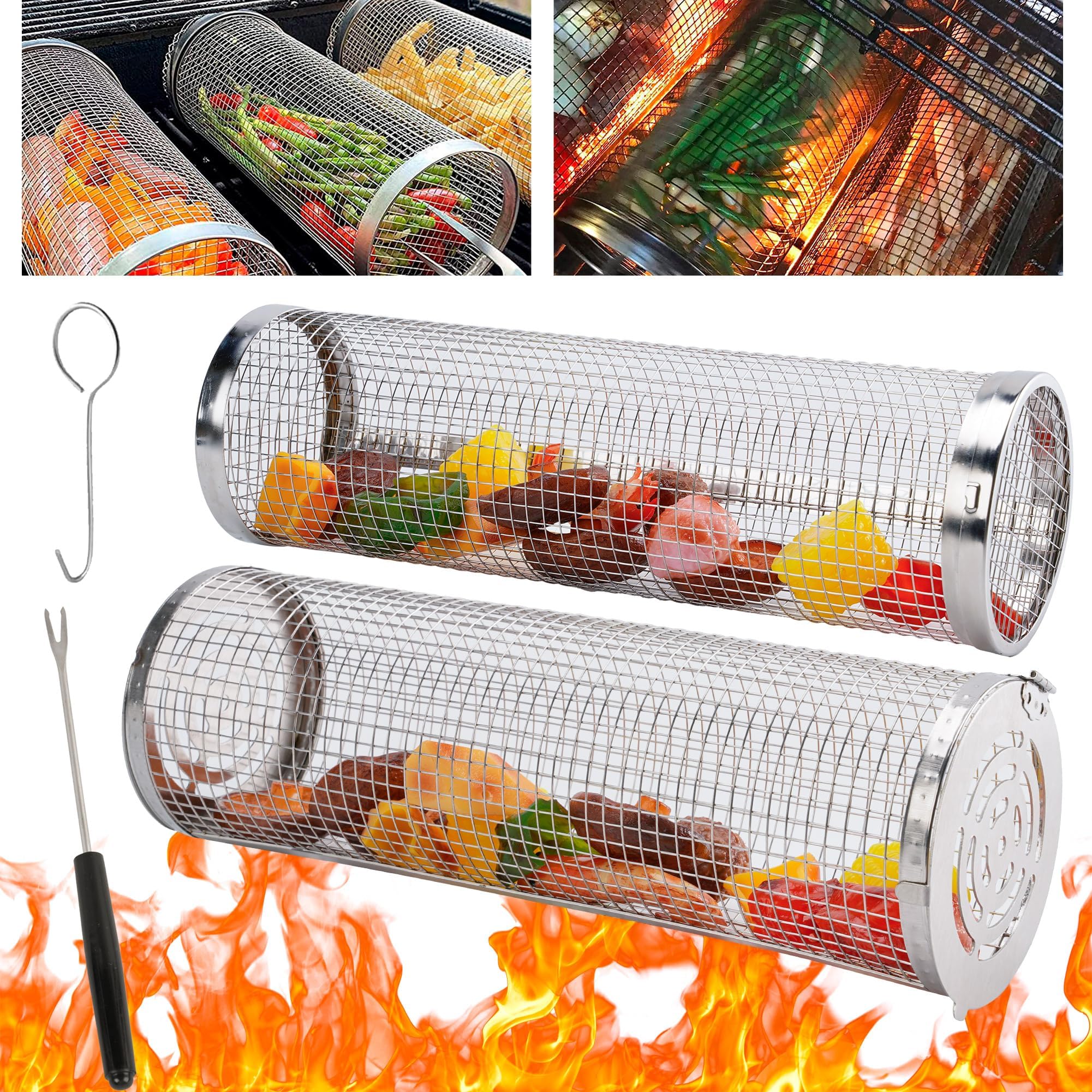 Amazon.com: Upgraded 2 Rolling Grilling Baskets for Outdoor Grilling ...