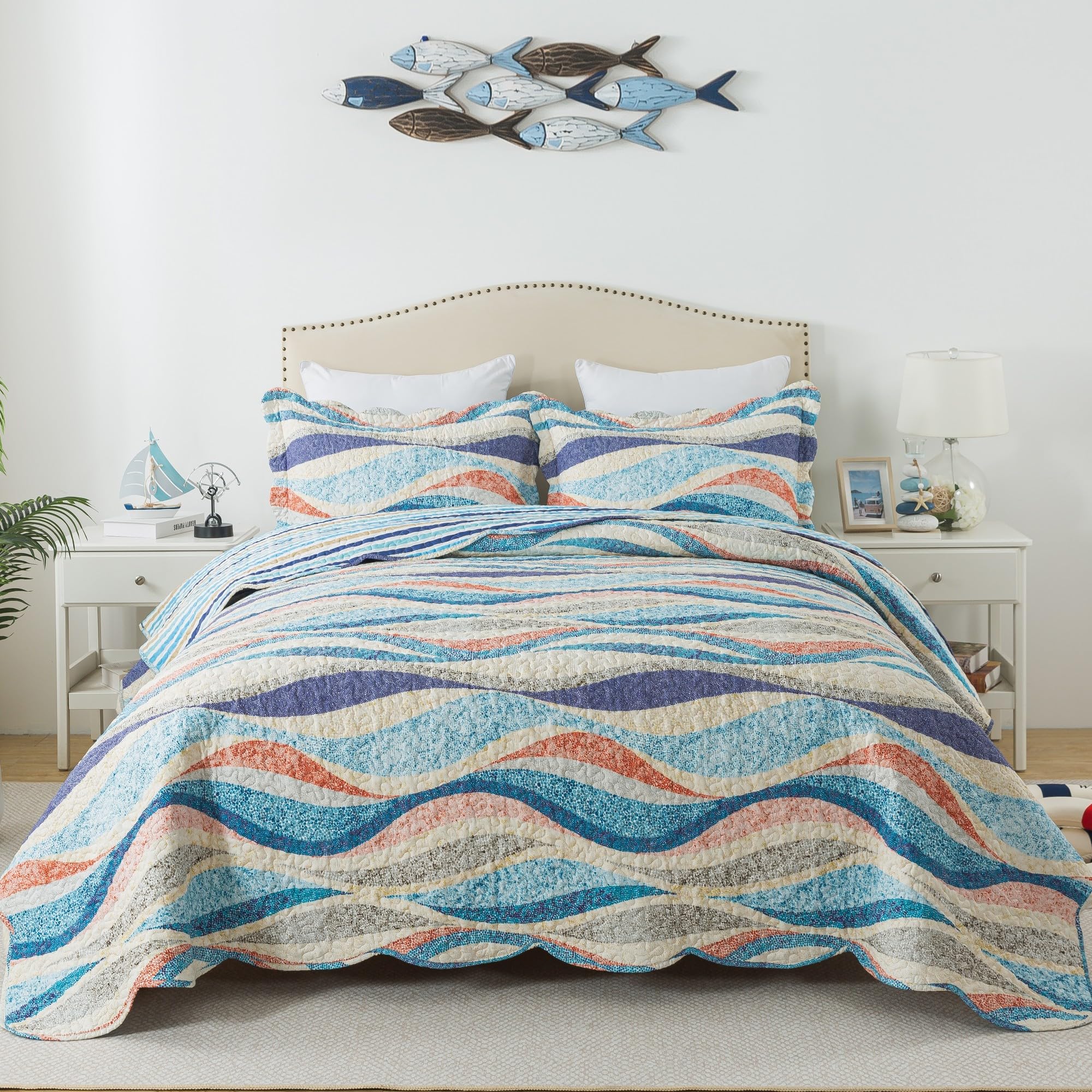 Amazon.com: HoneiLife Coastal Quilt Sets Queen - 3 Pieces Beach Quilt ...