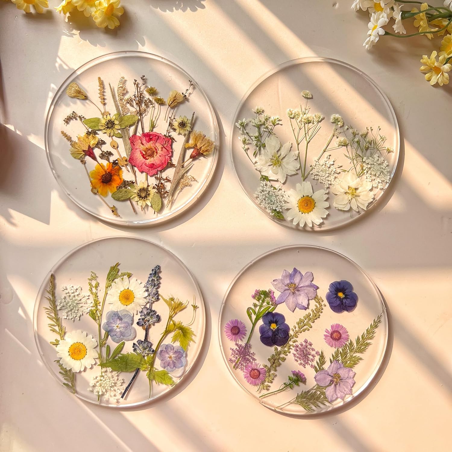 Amazon.com: 4Pcs Pressed Flower Coasters, Handmade Natural Flowers ...