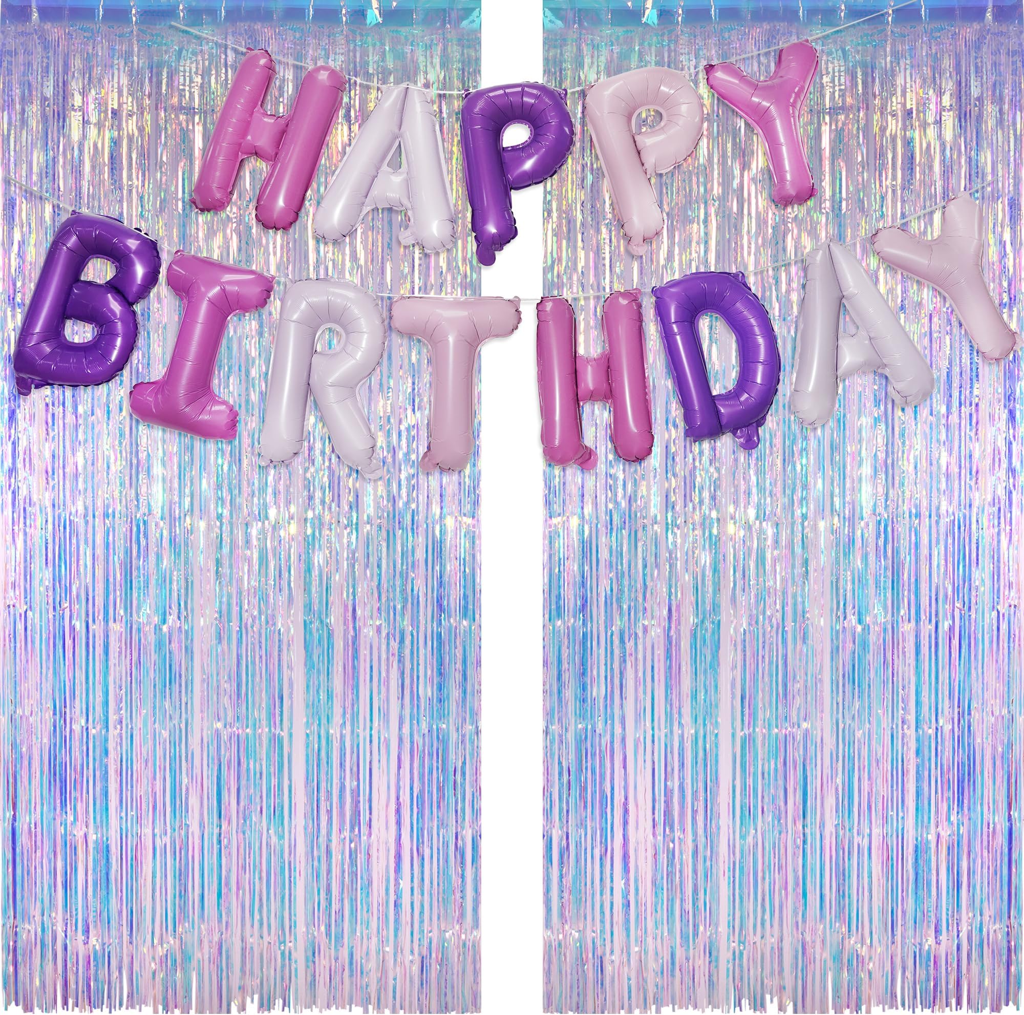 Amazon.com : Iridescent Party Streamers Backdrop and Purple Pink Banner ...