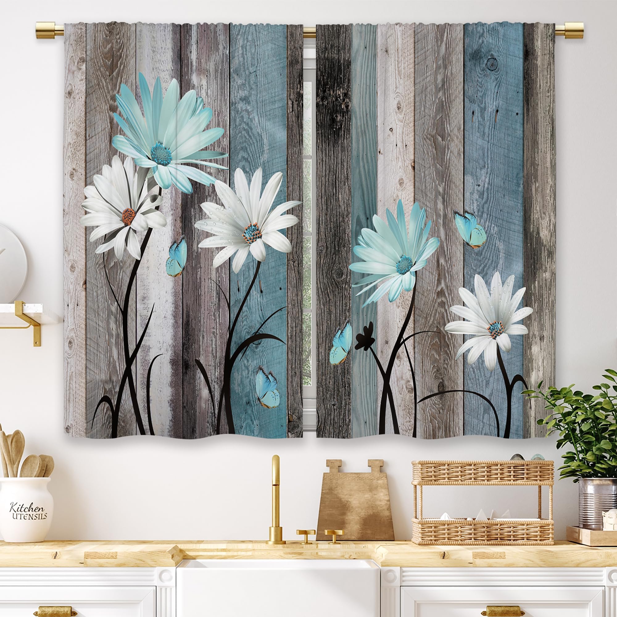 Amazon.com: Coxila Teal Daisy Kitchen Window Curtains 27.5 x 39 Inch ...