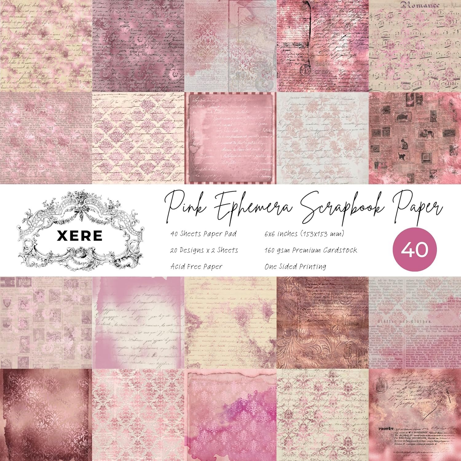 Amazon.com : XERE 40 Sheets Pink Scrapbook Paper, 6x6 Ephemera Pattern ...