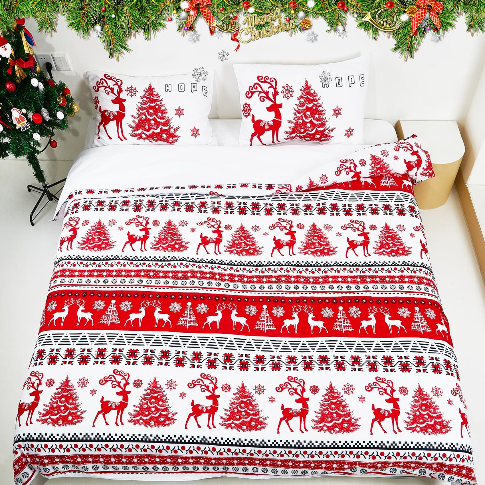 Amazon.com: 3Pieces Christmas Duvet Cover King Set, Red Reindeer Duvet ...