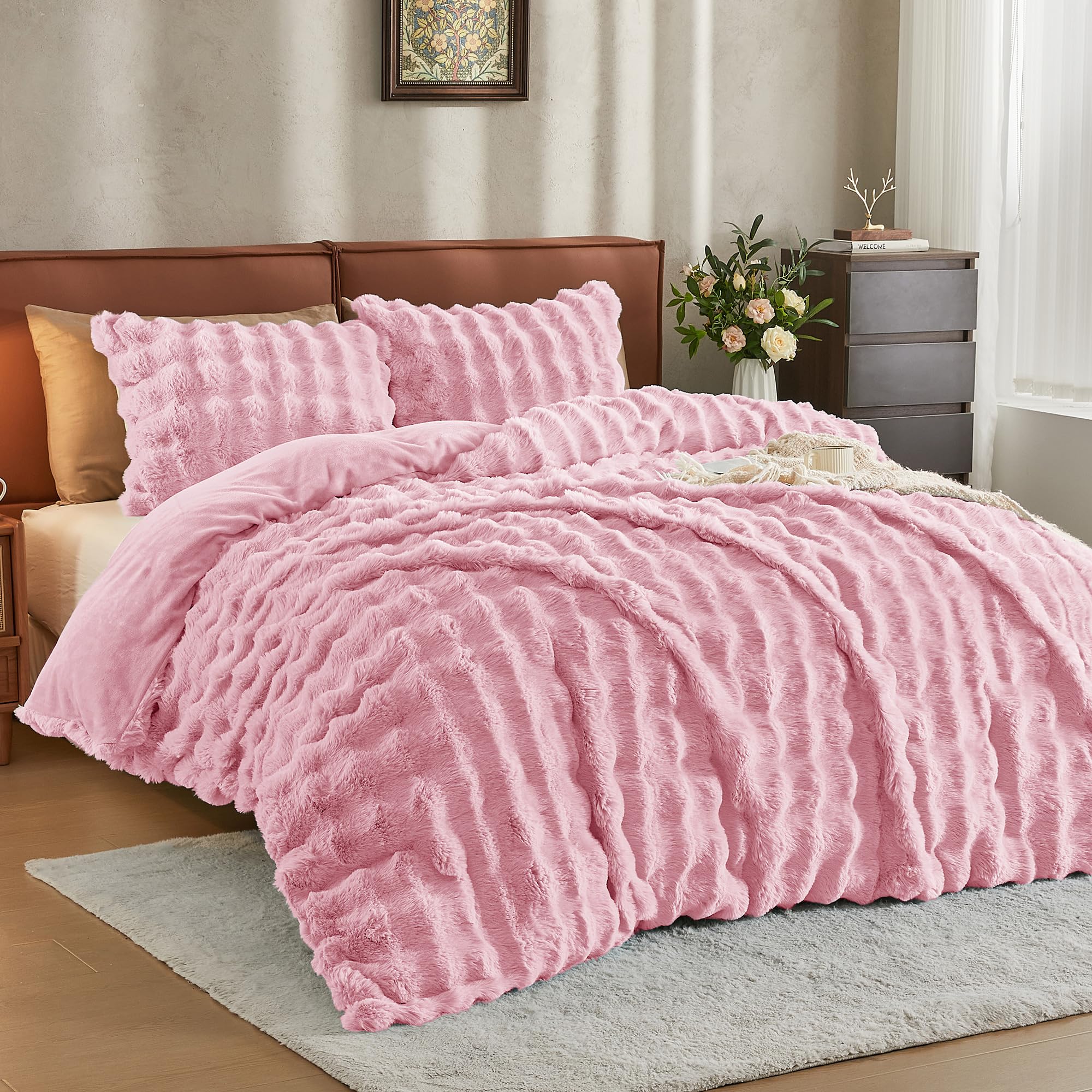 Amazon.com: JELLYMONI Pink Fluffy Duvet Cover Set Queen Size, Luxury ...
