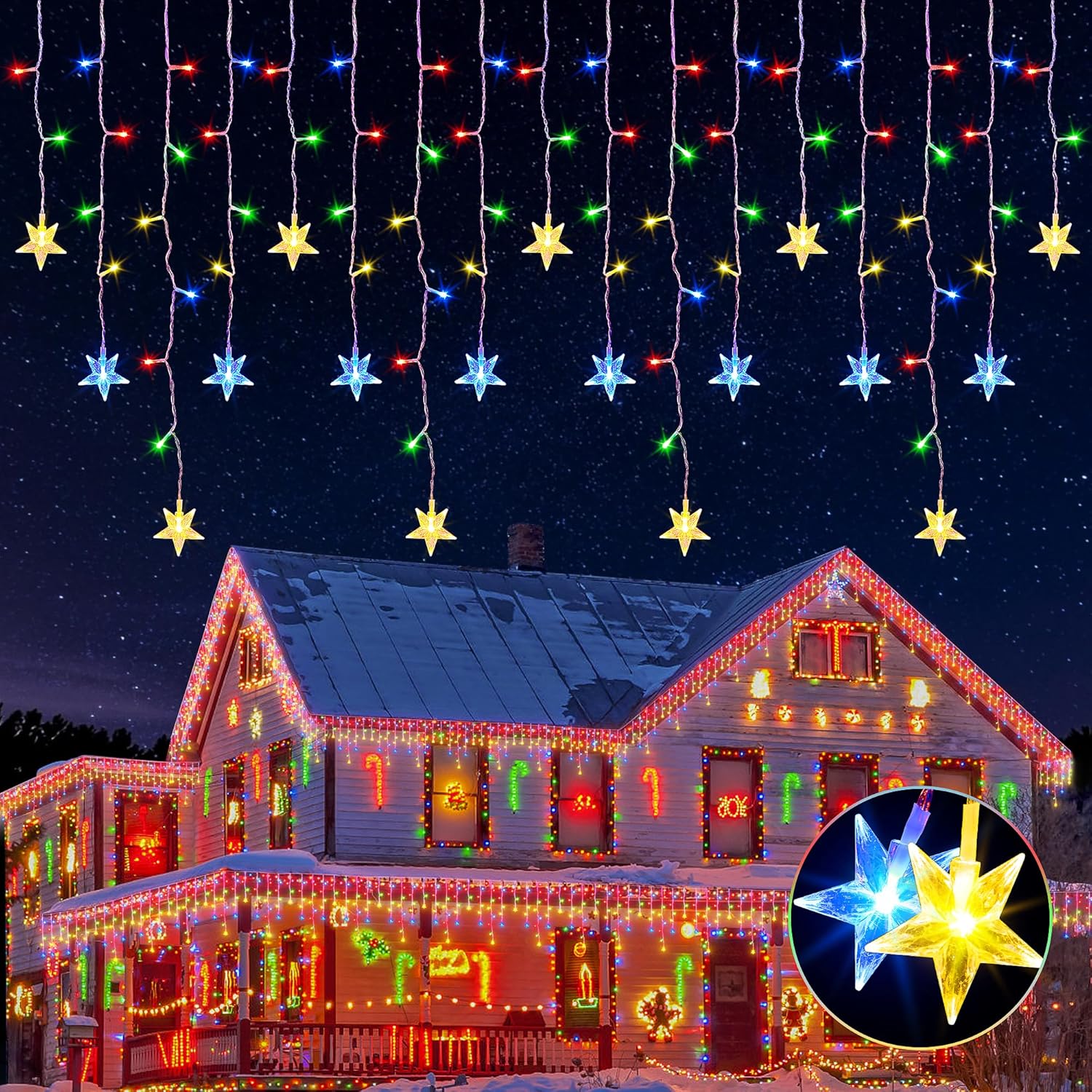 oopswow 200 LED Icicle Christmas Lights with Star,16.5FT Curtain Fairy ...