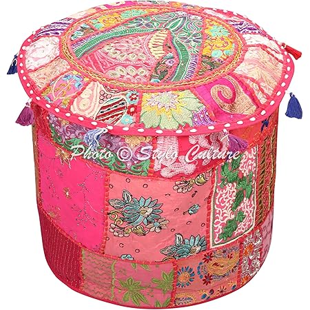 Amazon.com: Stylo Culture Indian Floor Pouf Cover Round Patchwork ...