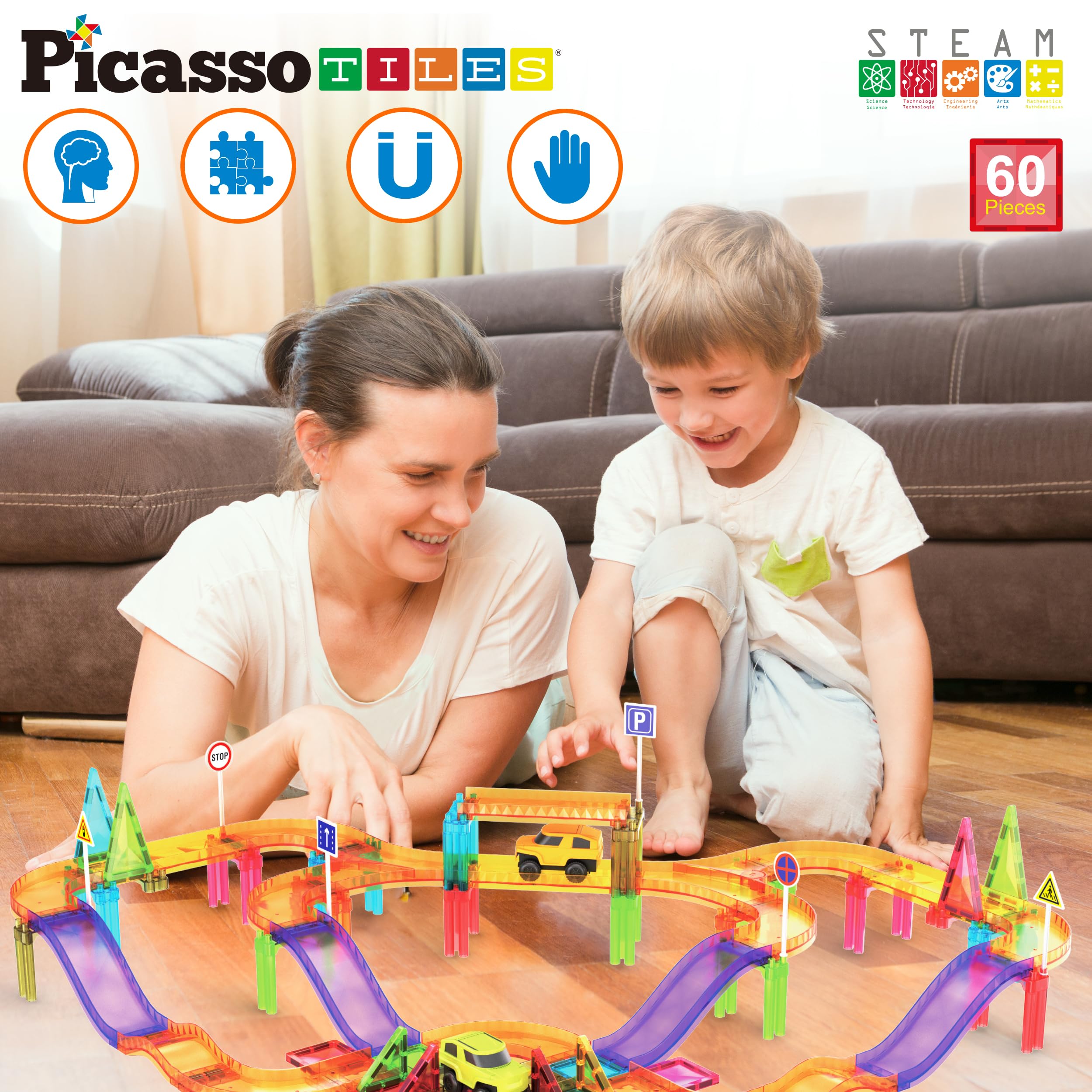 Snapklik.com : 60pc Race Car Track Magnetic Tiles Travel Toy Sensory ...