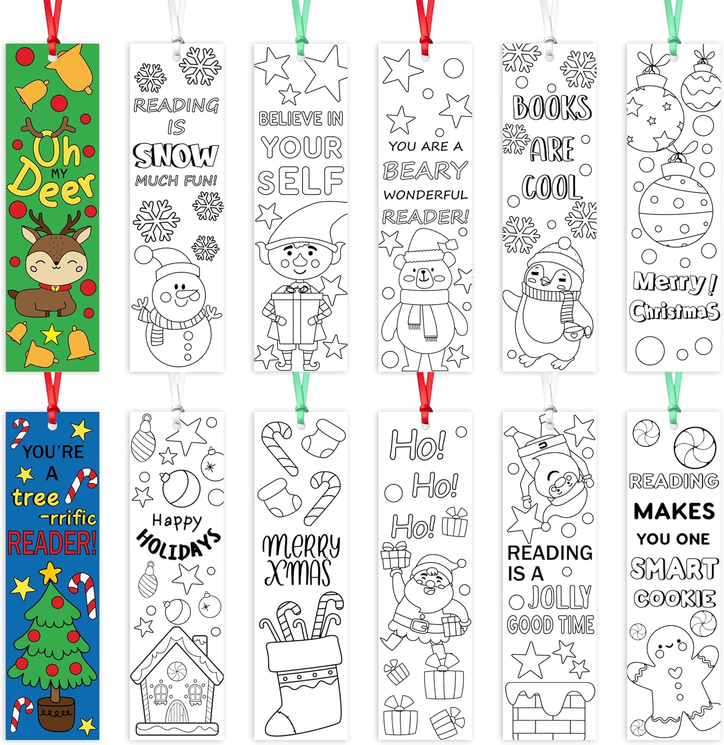 Amazon.com: ANGOLIO 75Pcs Christmas Color Your Own Bookmarks Kids DIY ...