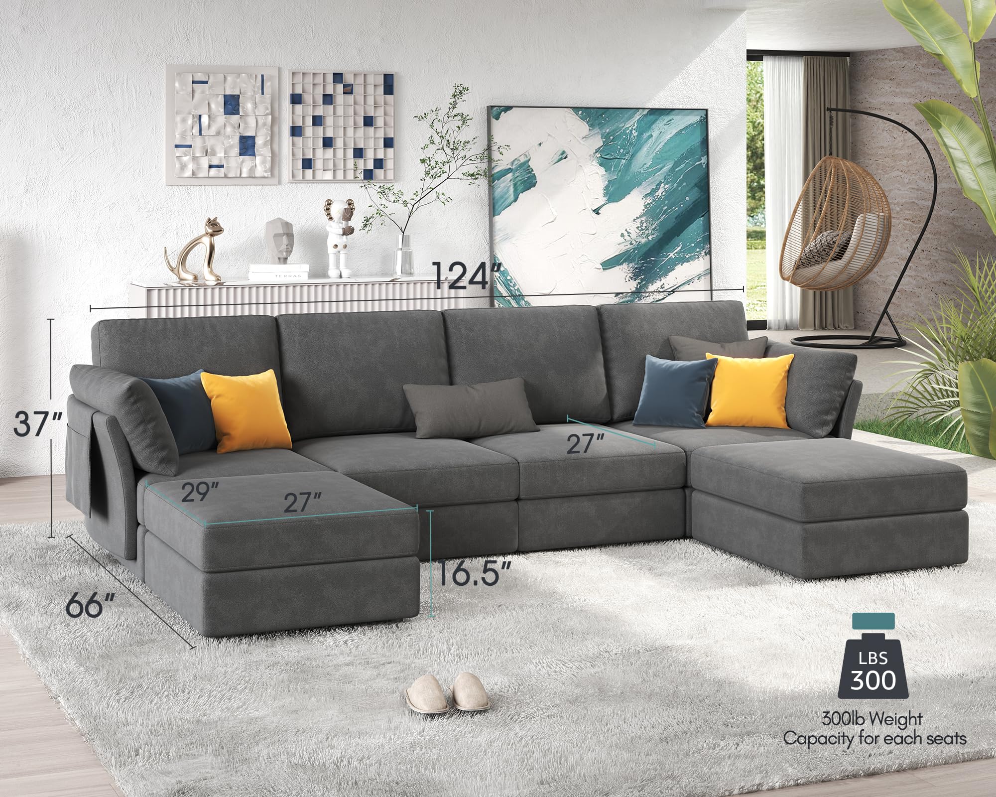 VanAcc 124 Inches Modular Sectional Sofa, 6 Seats U Shaped Sofa with ...