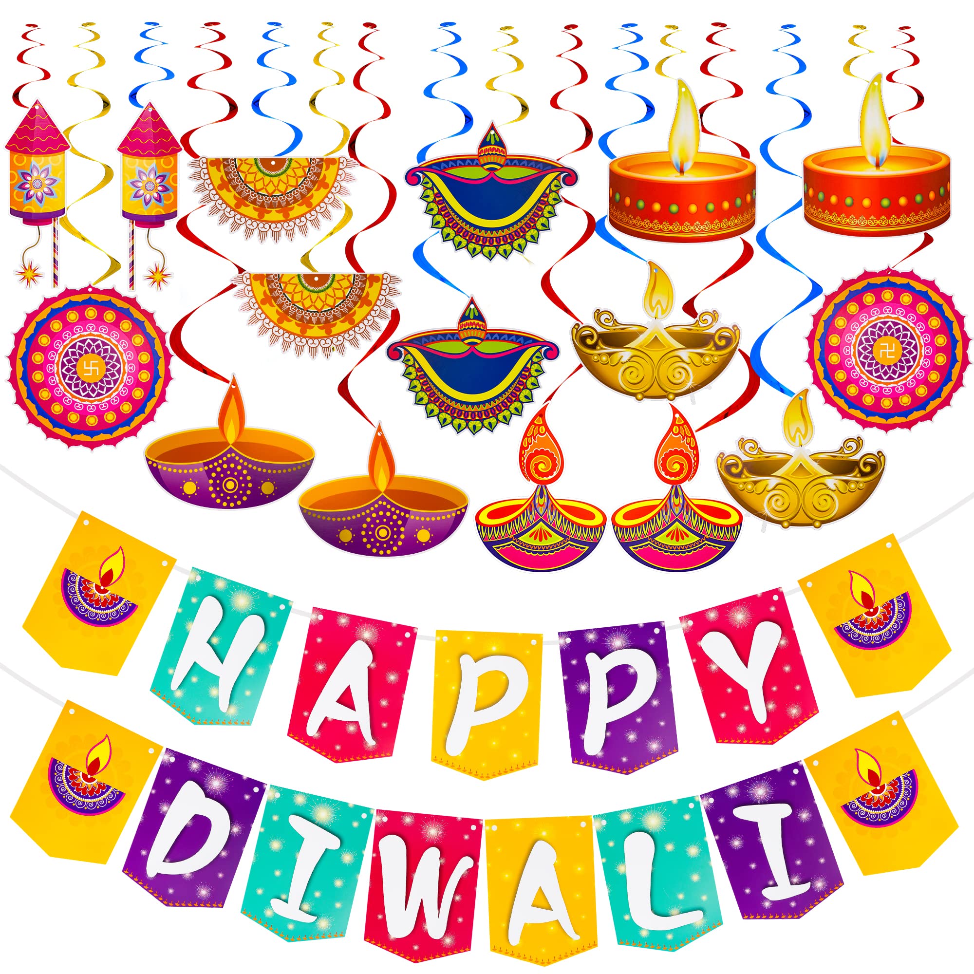 Amazon.com: 48Pcs Diwali Decorations, Happy Diwali Banner and Swirls ...