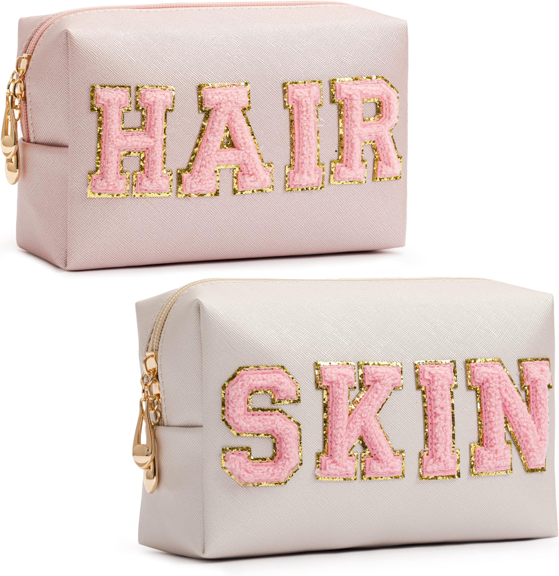 3 Pcs Preppy Patch Makeup Bag, Travel Cosmetic Bag with Chenille Letter ...