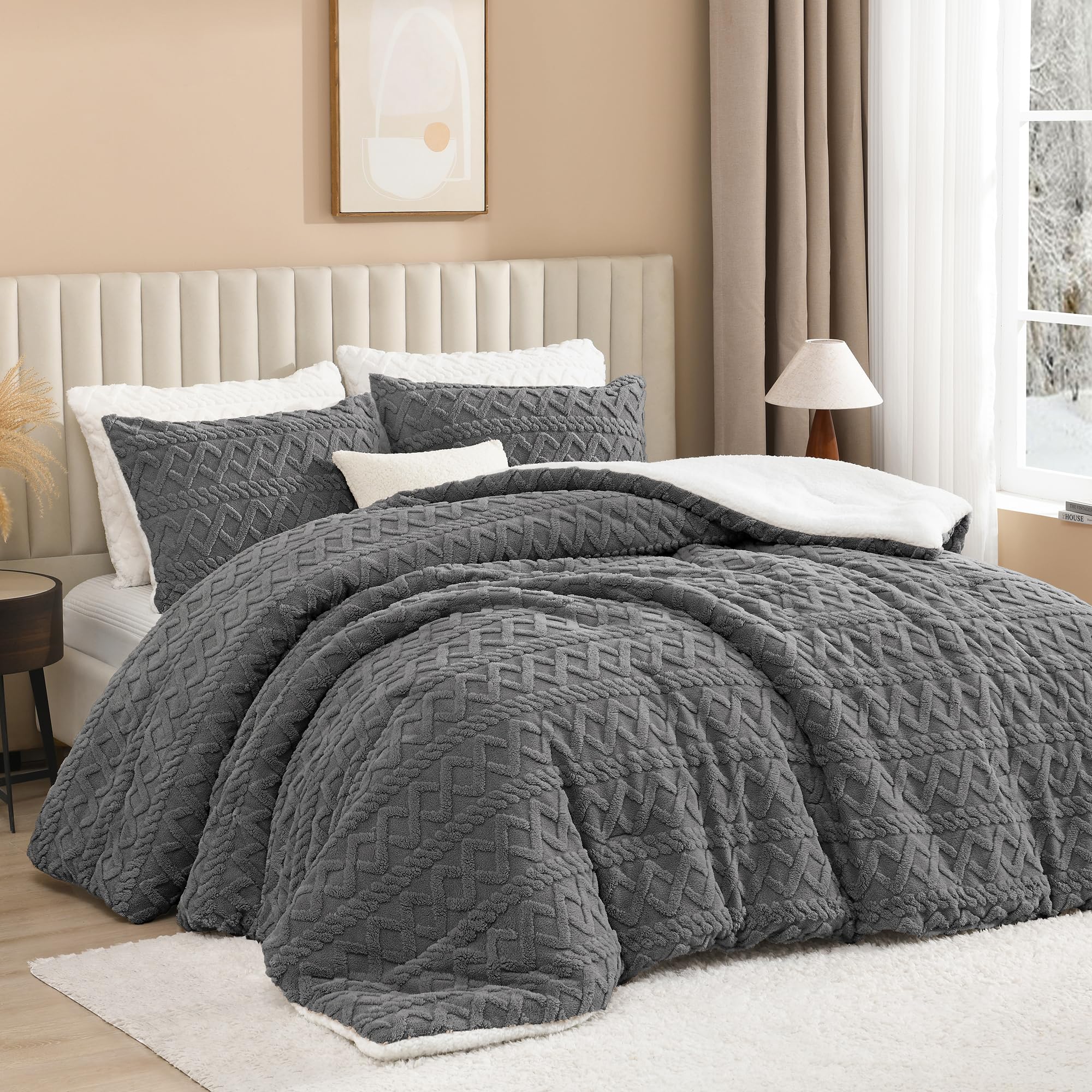 Amazon.com: Andency Grey Fluffy Fleece Comforter Set Queen Size, 3 ...