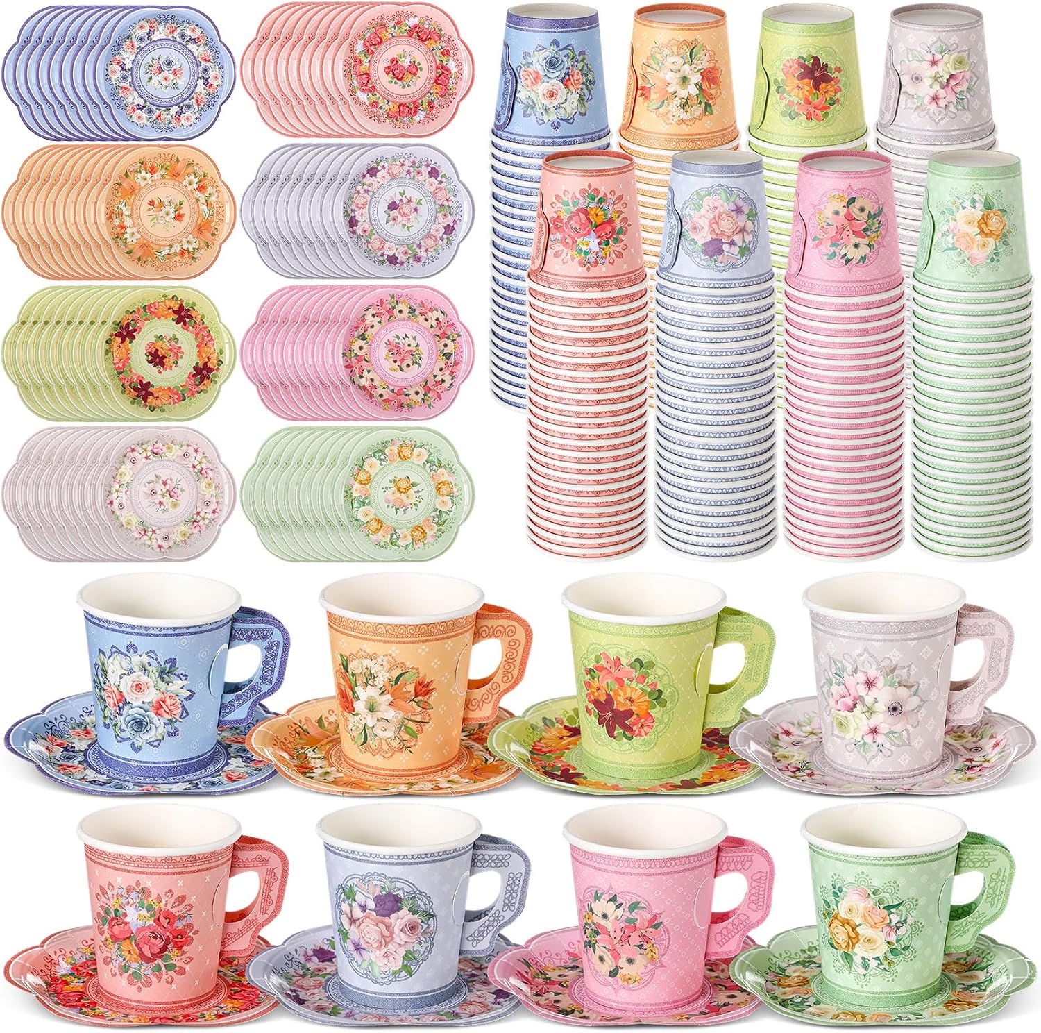 Amazon.com: Nuogo 400 Pcs Floral Paper Tea Cups and Saucers Disposable ...