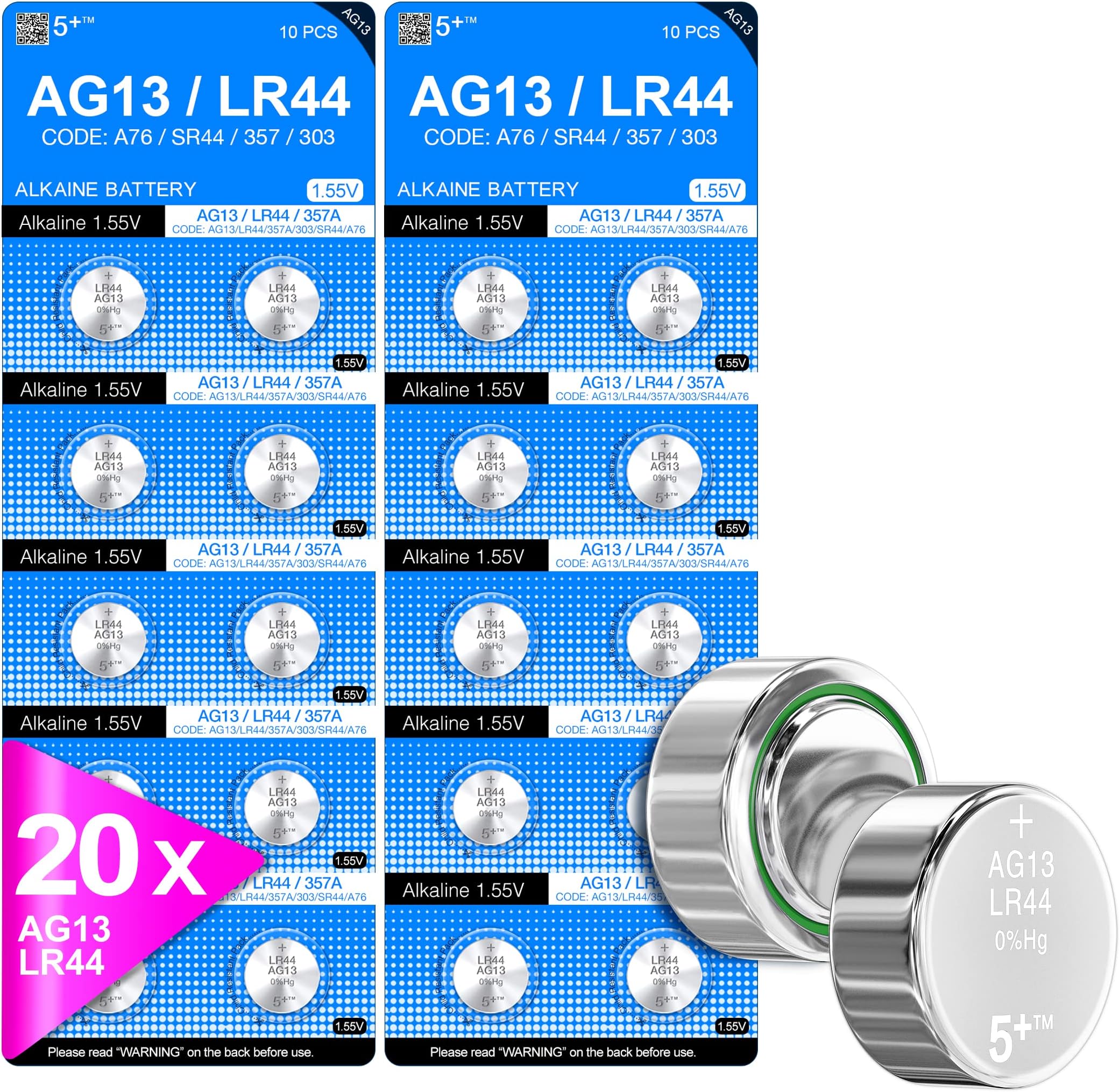 5Plus Group 20 Pcs LR44 AG13 357 303 SR44 A76 Battery 1.5V Button Coin ...