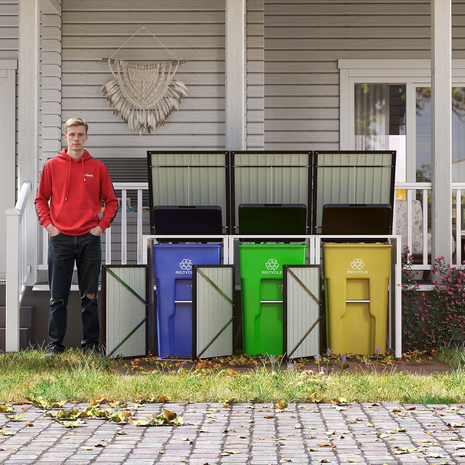 Amazon.com : Outdoor Trash Can Storage Shed for 3 Cans, Lockable Metal ...