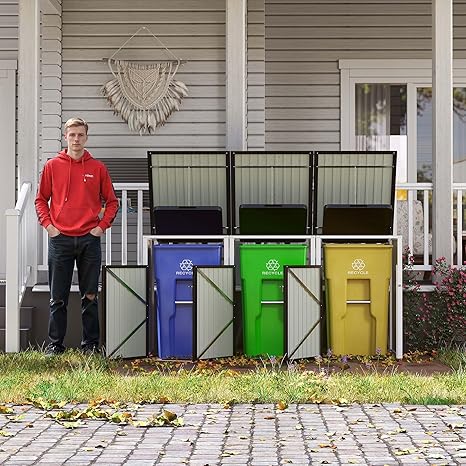 Amazon.com : Outdoor Trash Can Storage Shed for 3 Cans, Lockable Metal ...