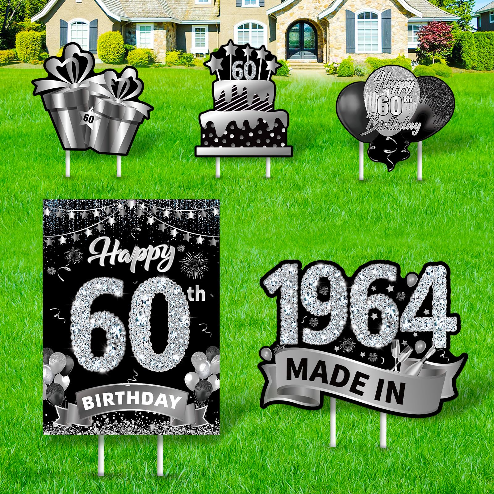 Amazon.com : 5Pcs 60th Birthday Yard Sign Decorations, Black Silver ...