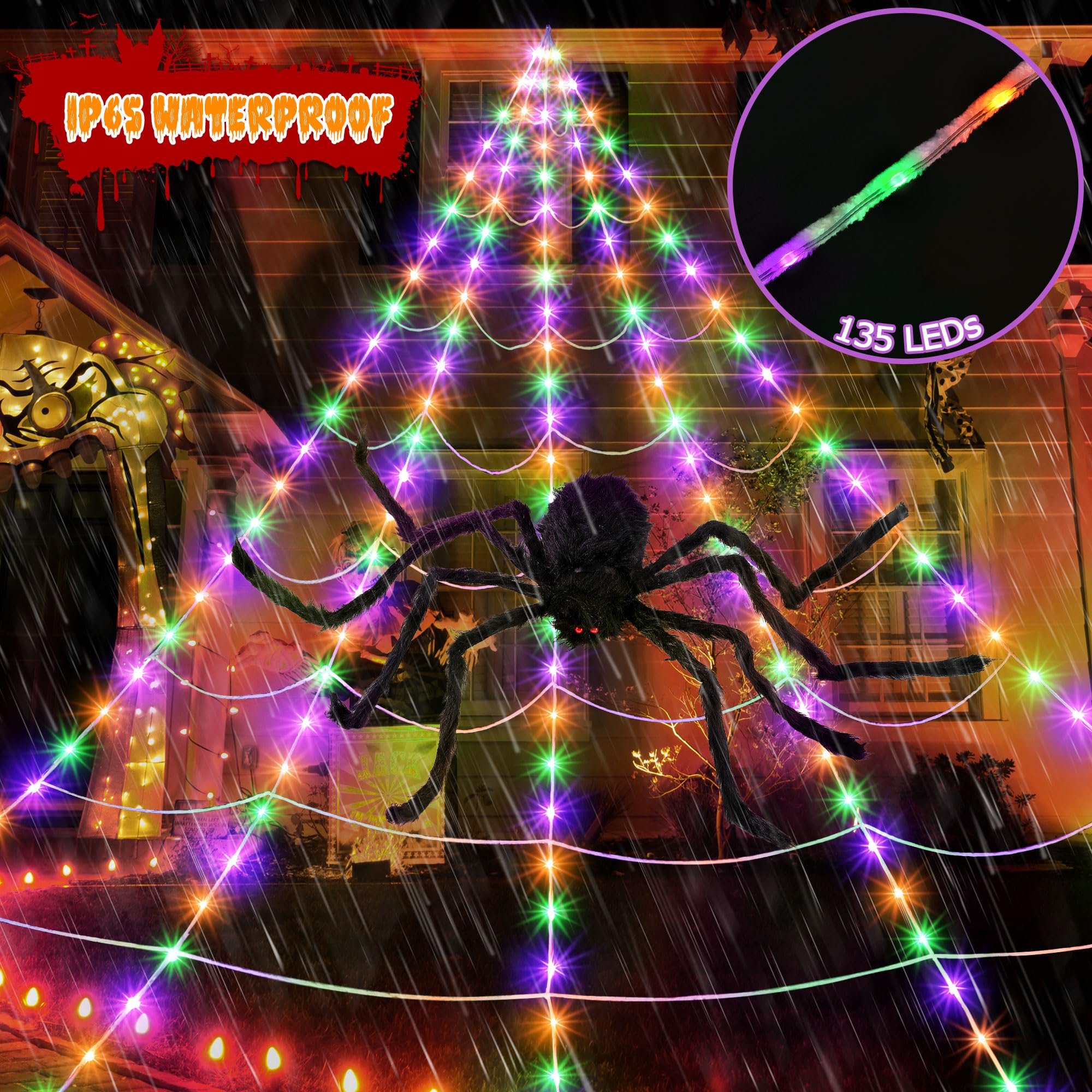 Meonum Halloween Spider Web Lights Outdoor Decoration, LED Giant Spider ...