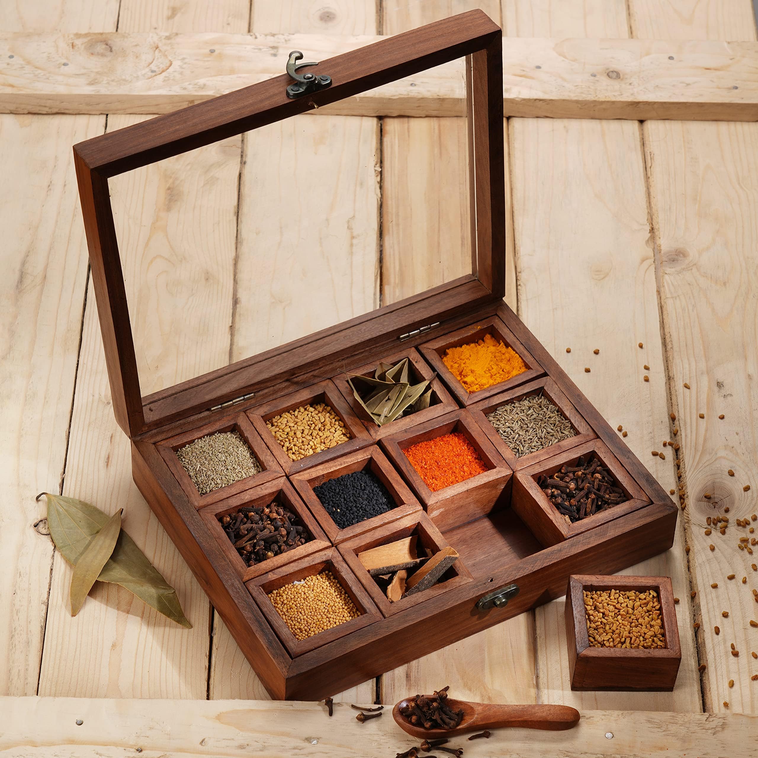 Amazon.com: Ajuny Wooden Spice Box 9x9 Inch - Decorative Masala Dabba ...
