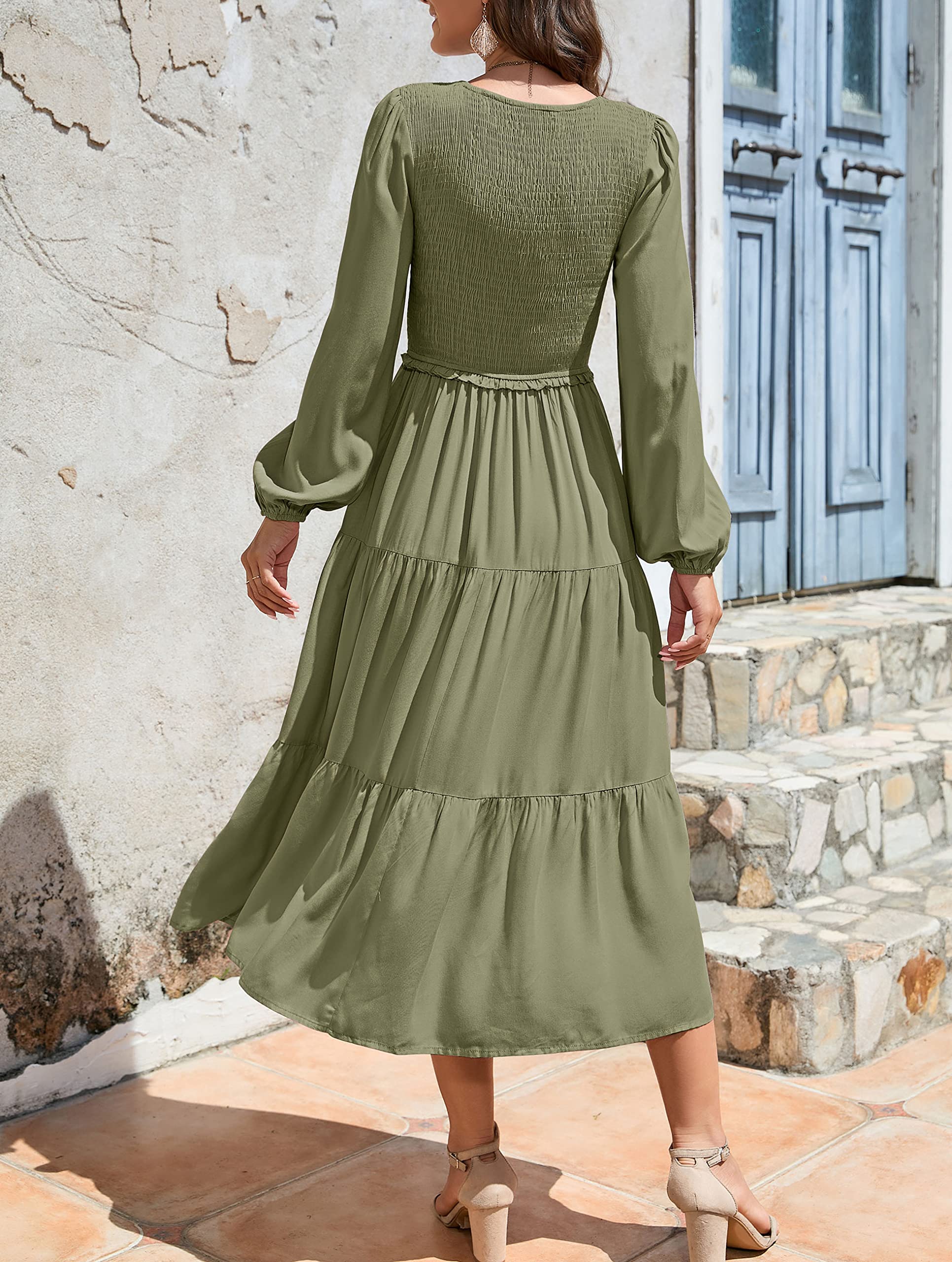 MEROKEETY Women's Long Ballon Sleeve V Neck Dress Smocked Casual Solid ...