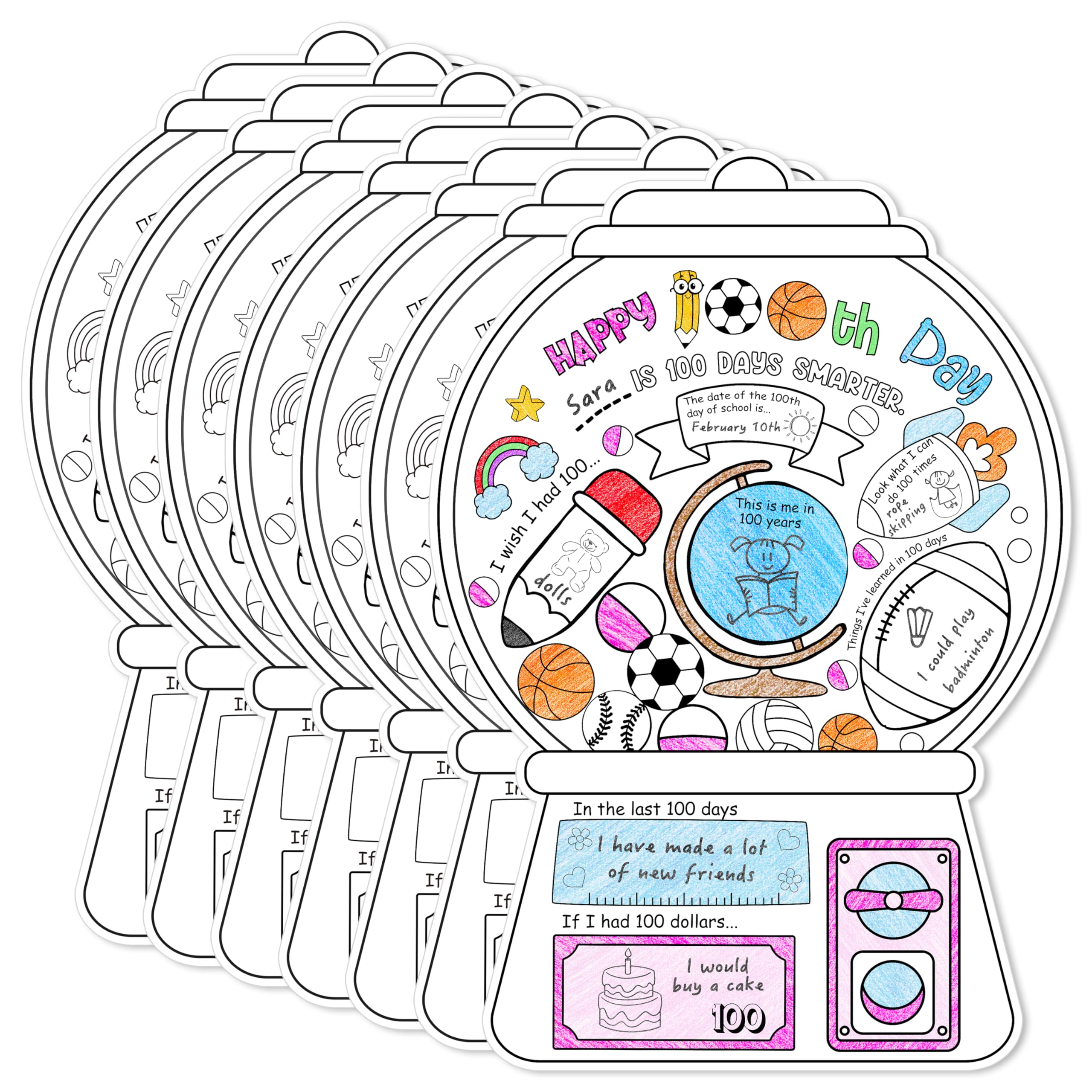 Amazon.com: 3sscha 40Pcs Happy 100th Day Gumball Coloring Poster 100th ...