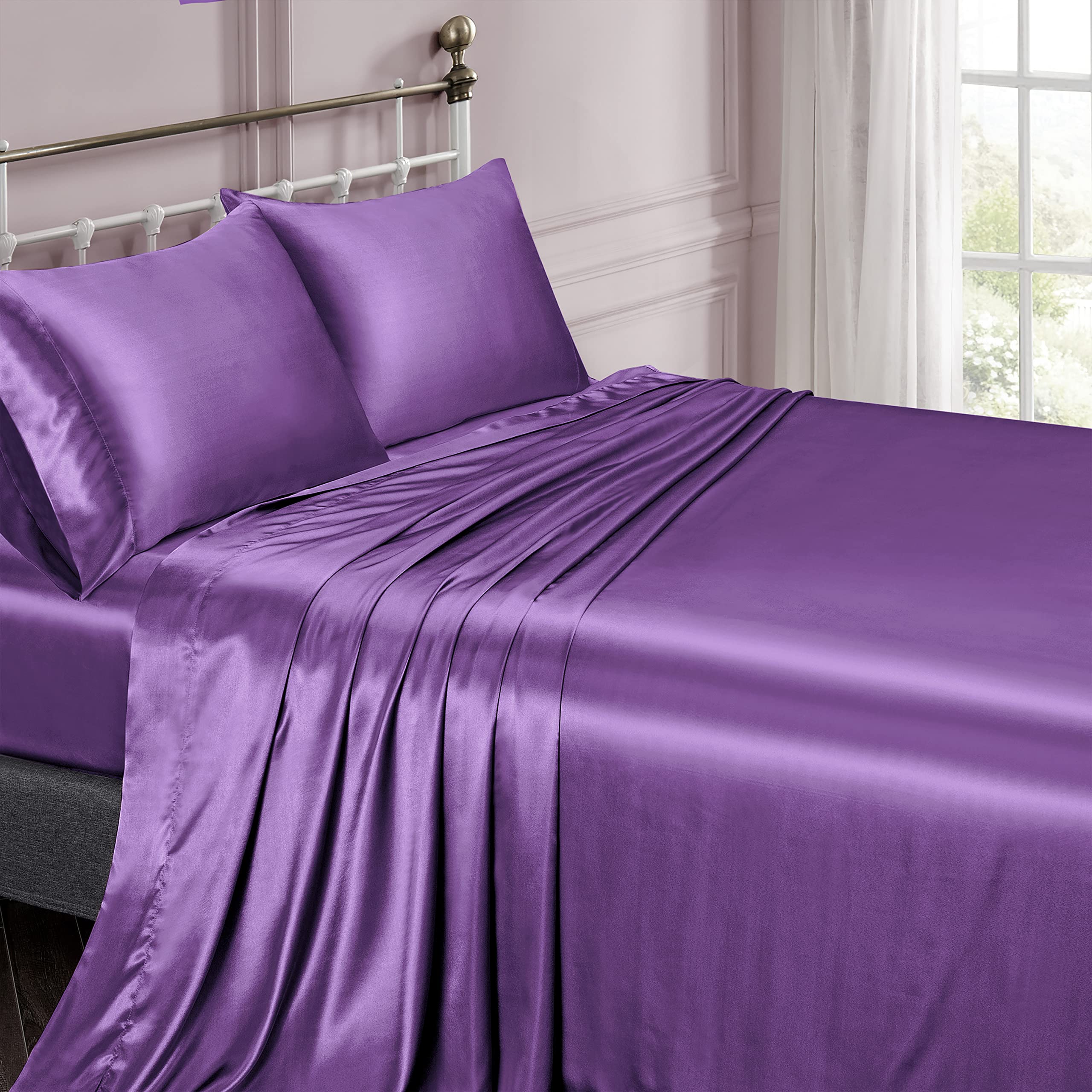 Vonty Satin Sheets Queen Silky Soft Satin Bed Sheets Purple Satin Sheet ...
