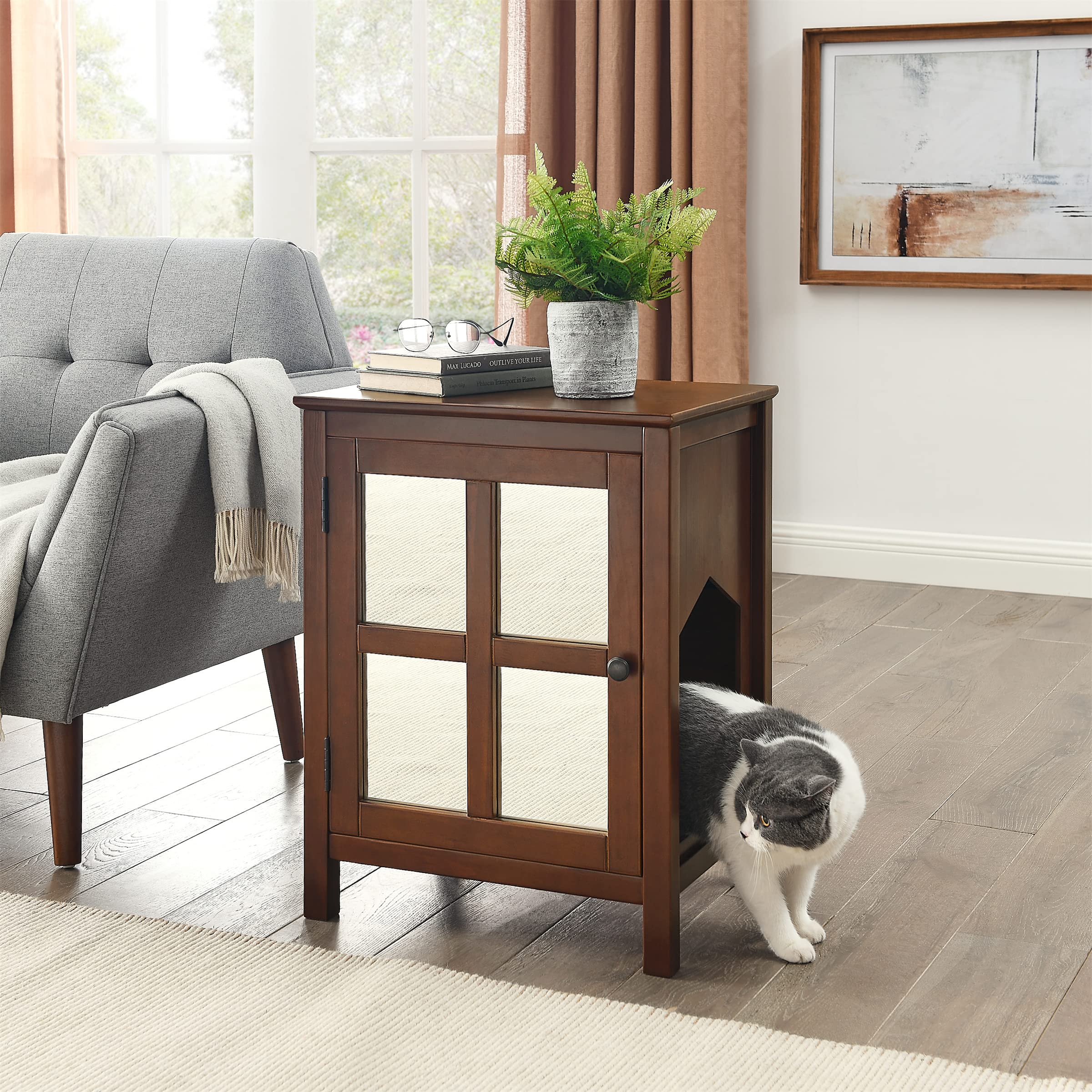 MUSEHOMEINC Solid Wood Cat Furniture, Indoor Pet Crate with Single Door ...