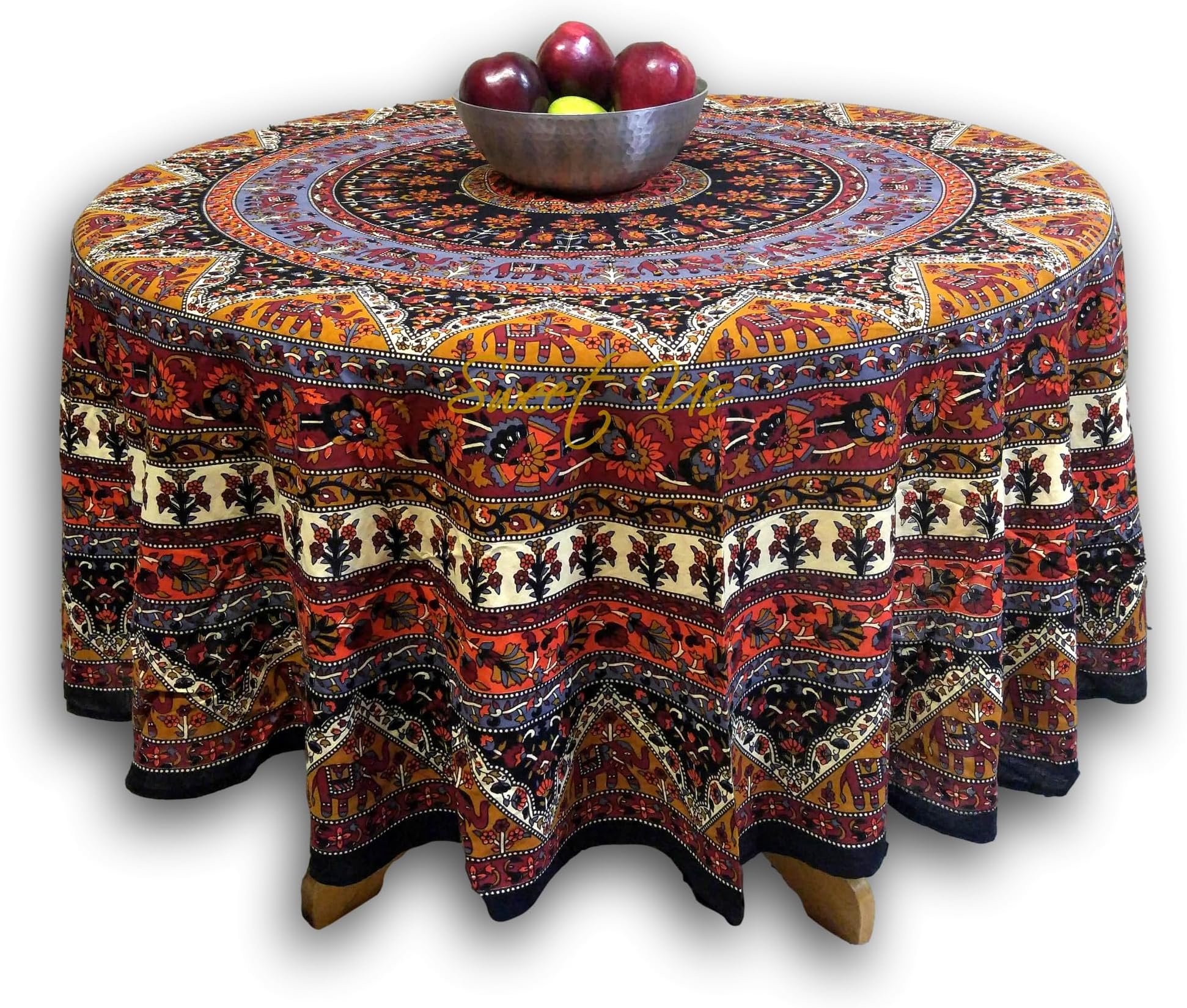 Amazon.com: India Arts Vintage Appeal Round Cotton Tablecloth 88" Blue ...