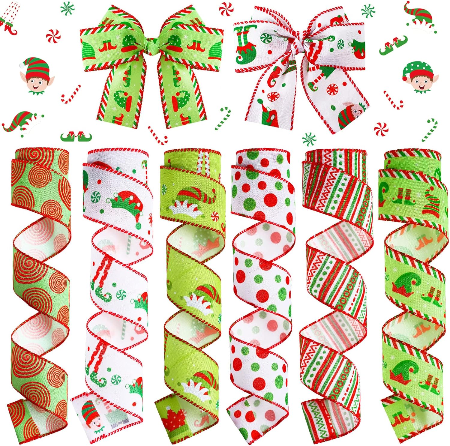 Amazon.com: 6 Rolls 30 Yards Christmas Wired Edge Ribbon Elf Ribbon Dot ...