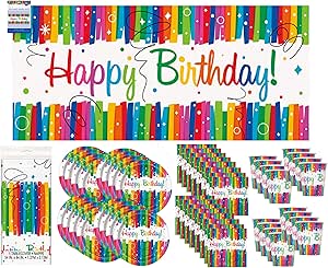 Amazon.com: Rainbow Ribbon Birthday Party Supply Pack Bundle Serves 16 ...