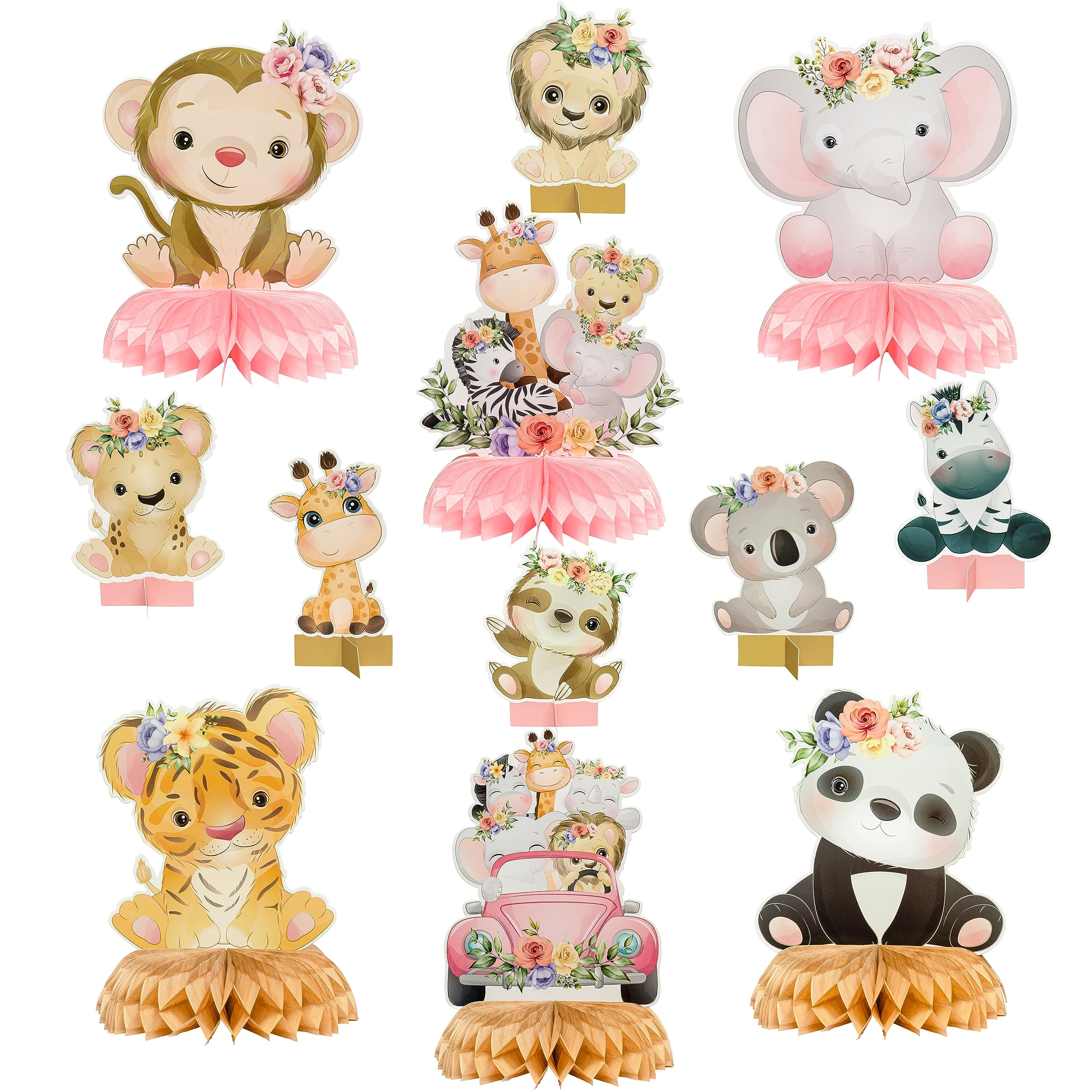 Buy 12Pcs Floral Safari Animals Party Honeycomb Centerpieces, Pink ...