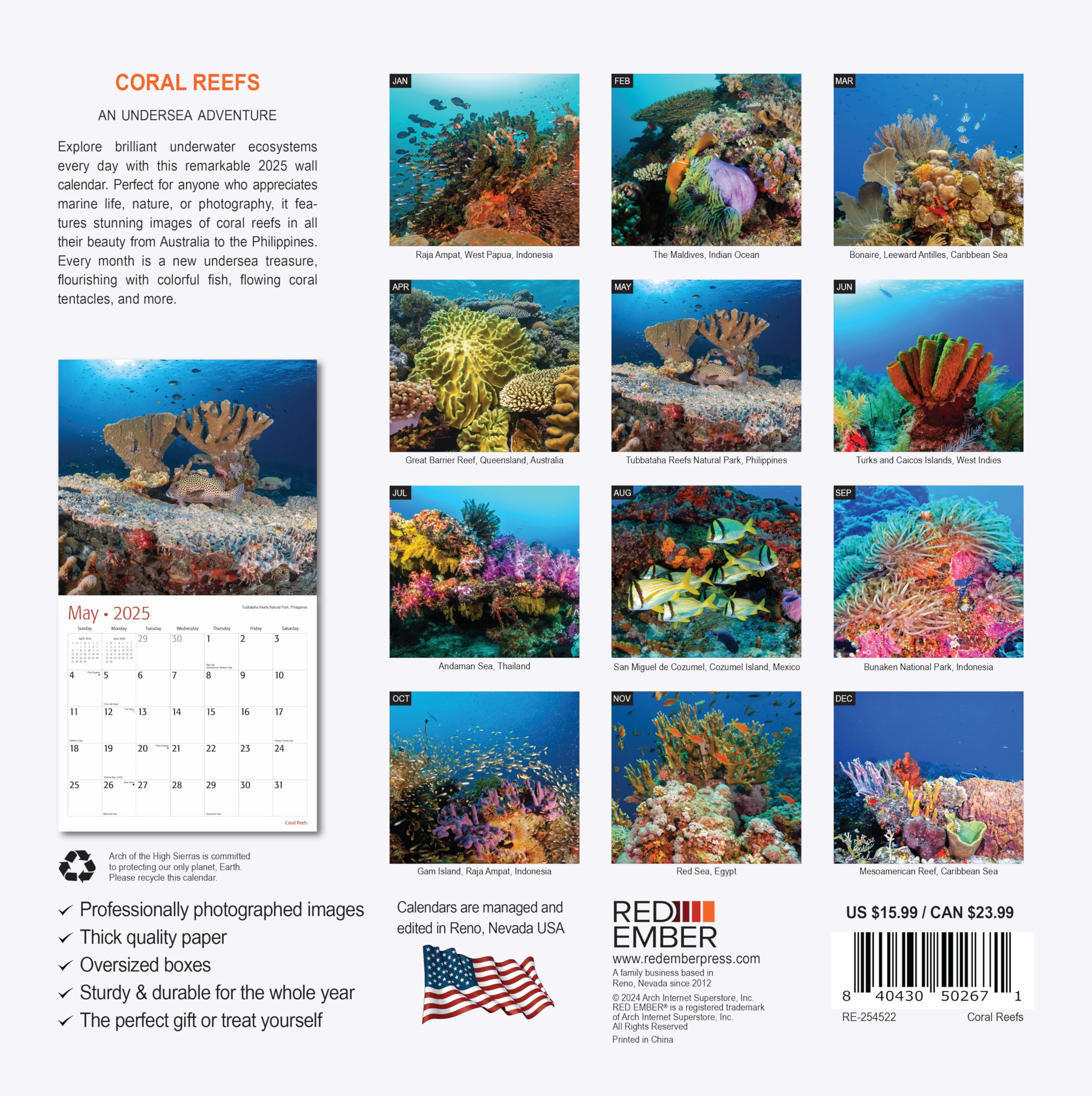 Snapklik.com : Coral Reefs 2025 Wall Calendar 12 Month 12" X 24" Open ...