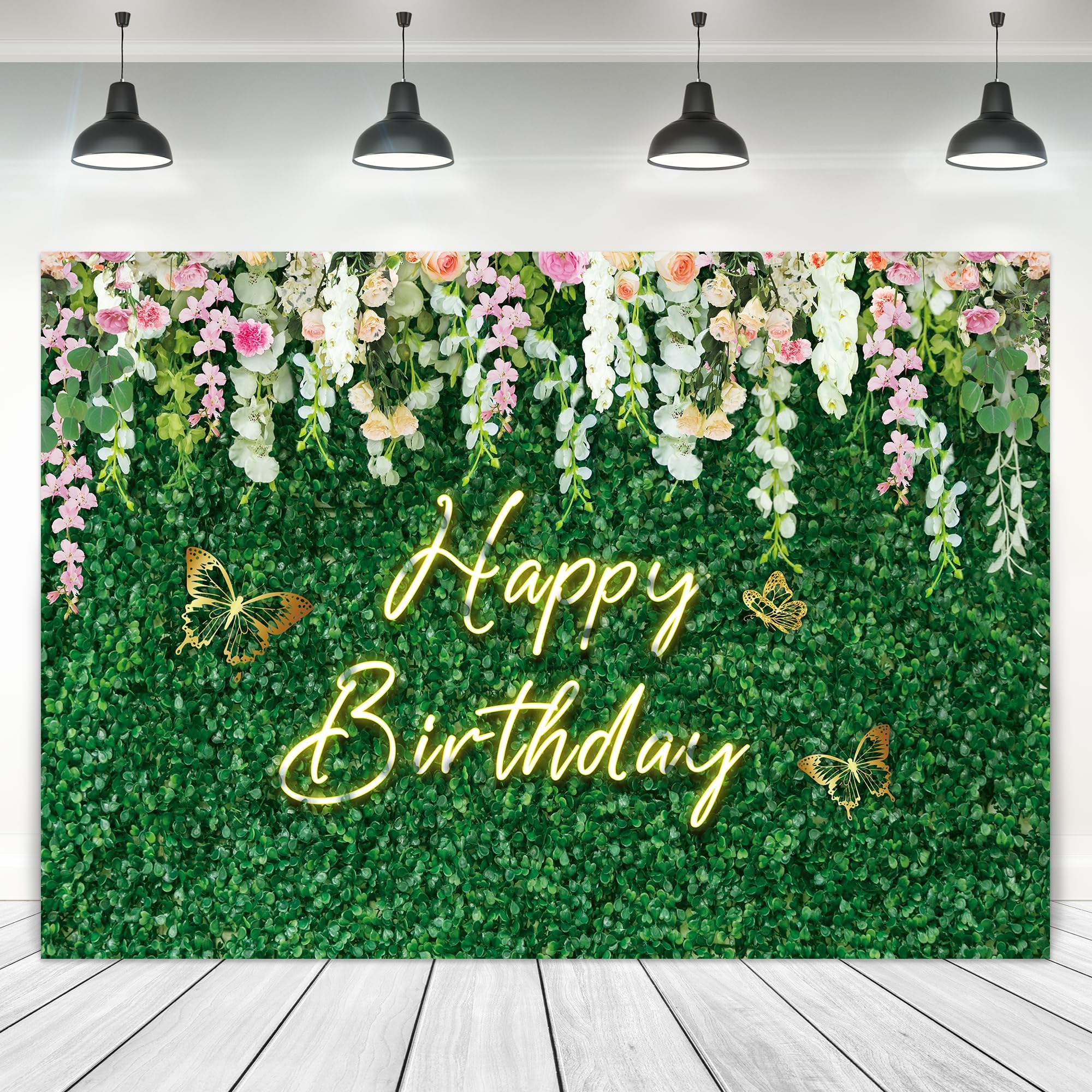 Amazon.com : Sensfun Green Leaves Happy Birthday Backdrop Pink Neon ...