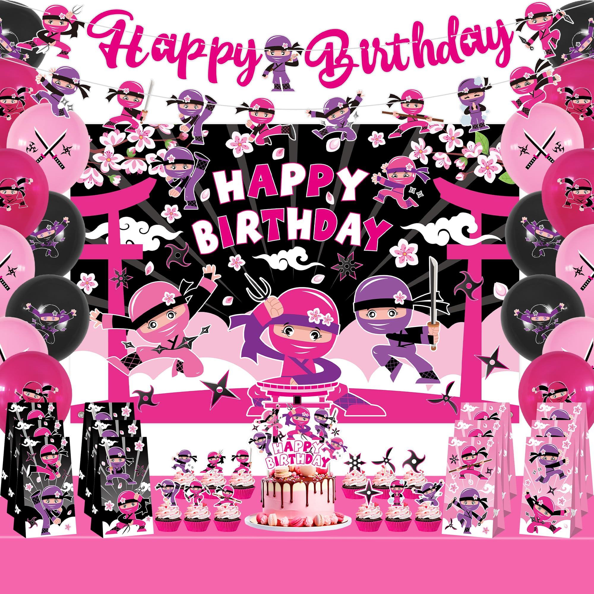 Amazon.com: Ninja Girl Birthday Party Decorations Pink Happy Birthday ...