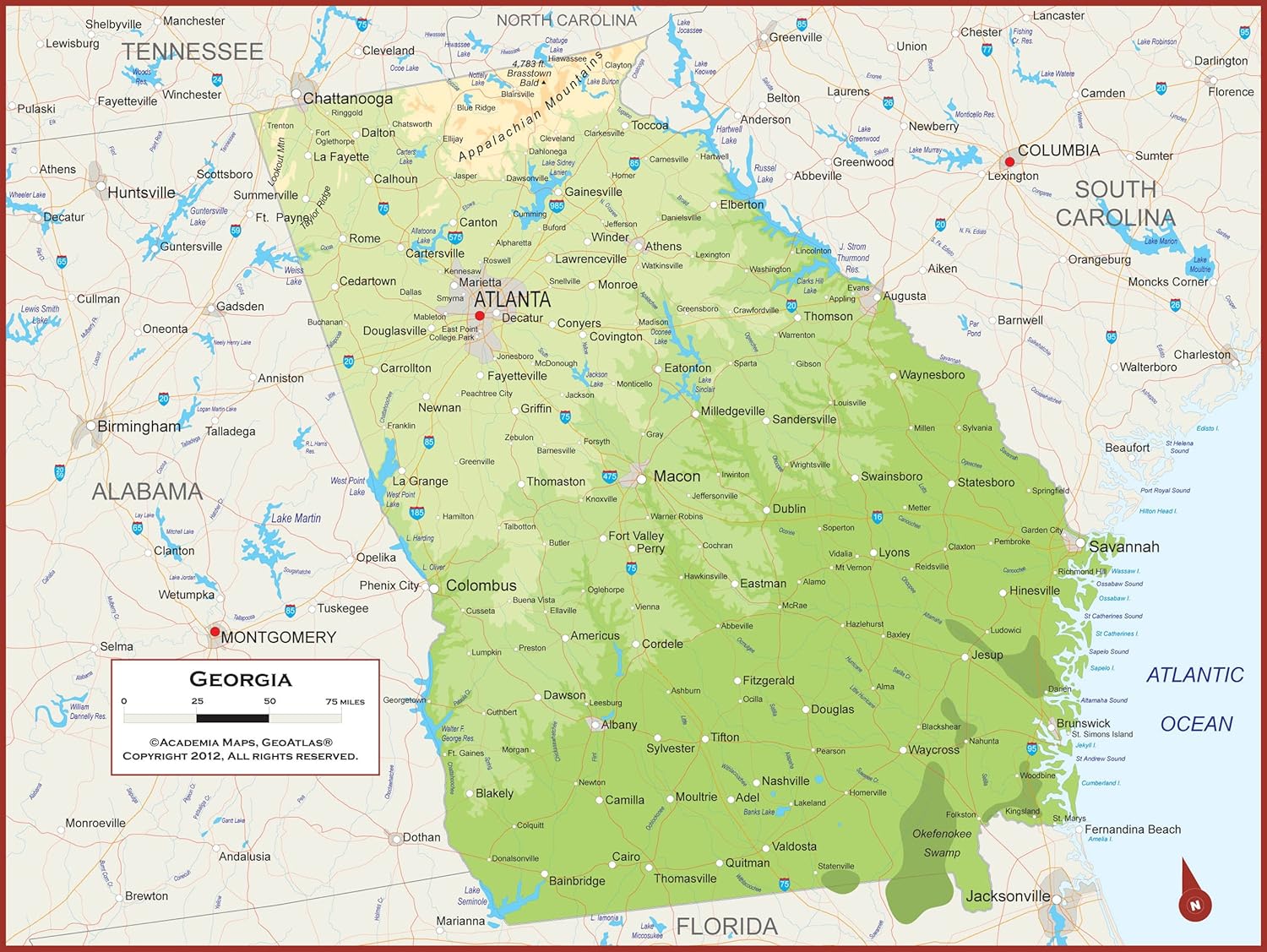 Amazon.com : 36 x 27 Georgia State Wall Map Poster with Topography ...