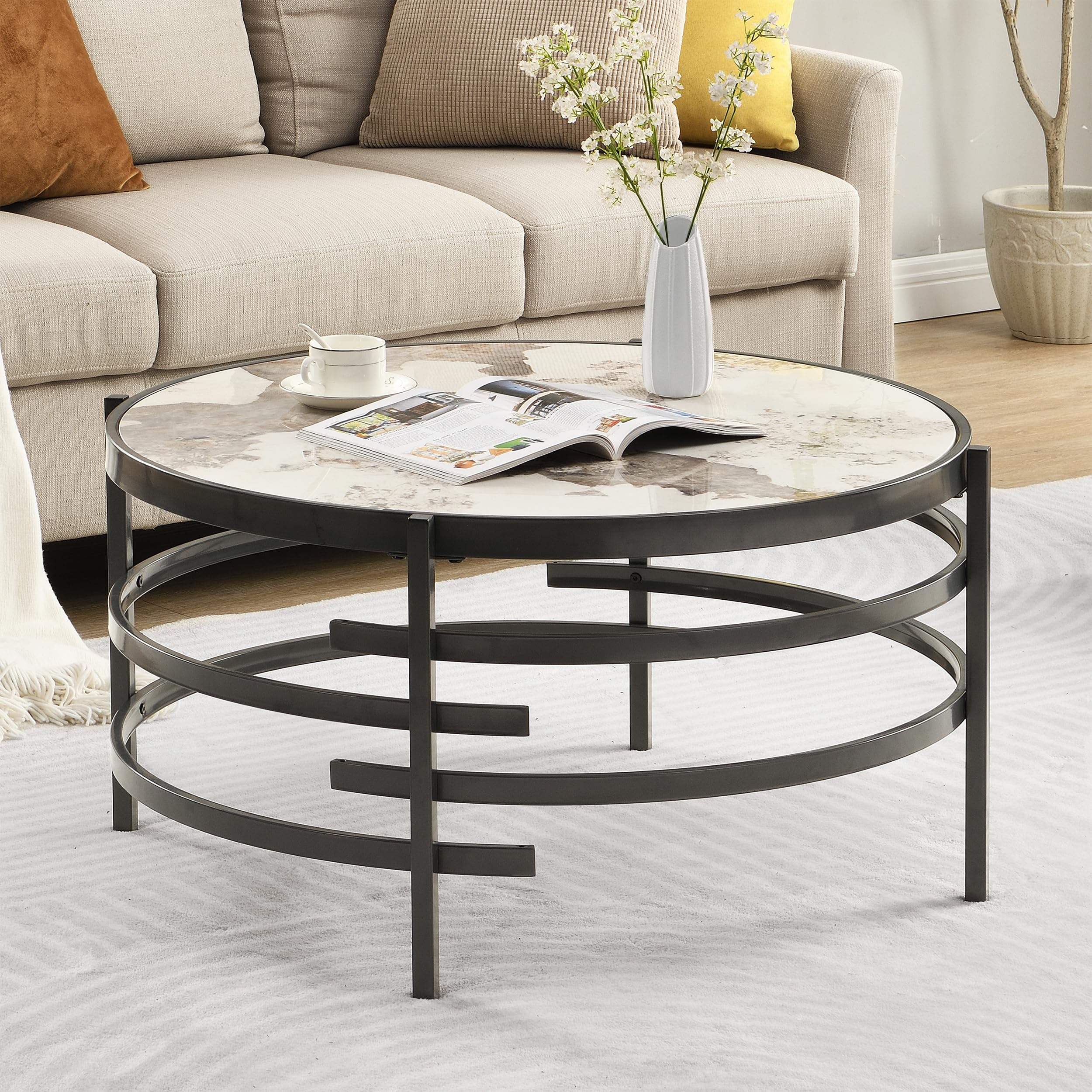 Amazon.com: Round Coffee Table Living Room - LifeSky 32" Faux Marble ...