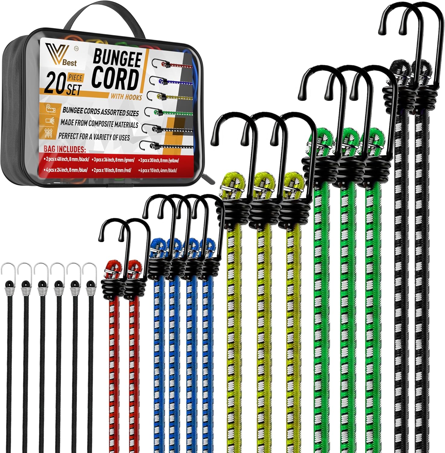 VBEST 20 Pieces Bungee Cords with Hooks - Bungee Cords Heavy Duty ...