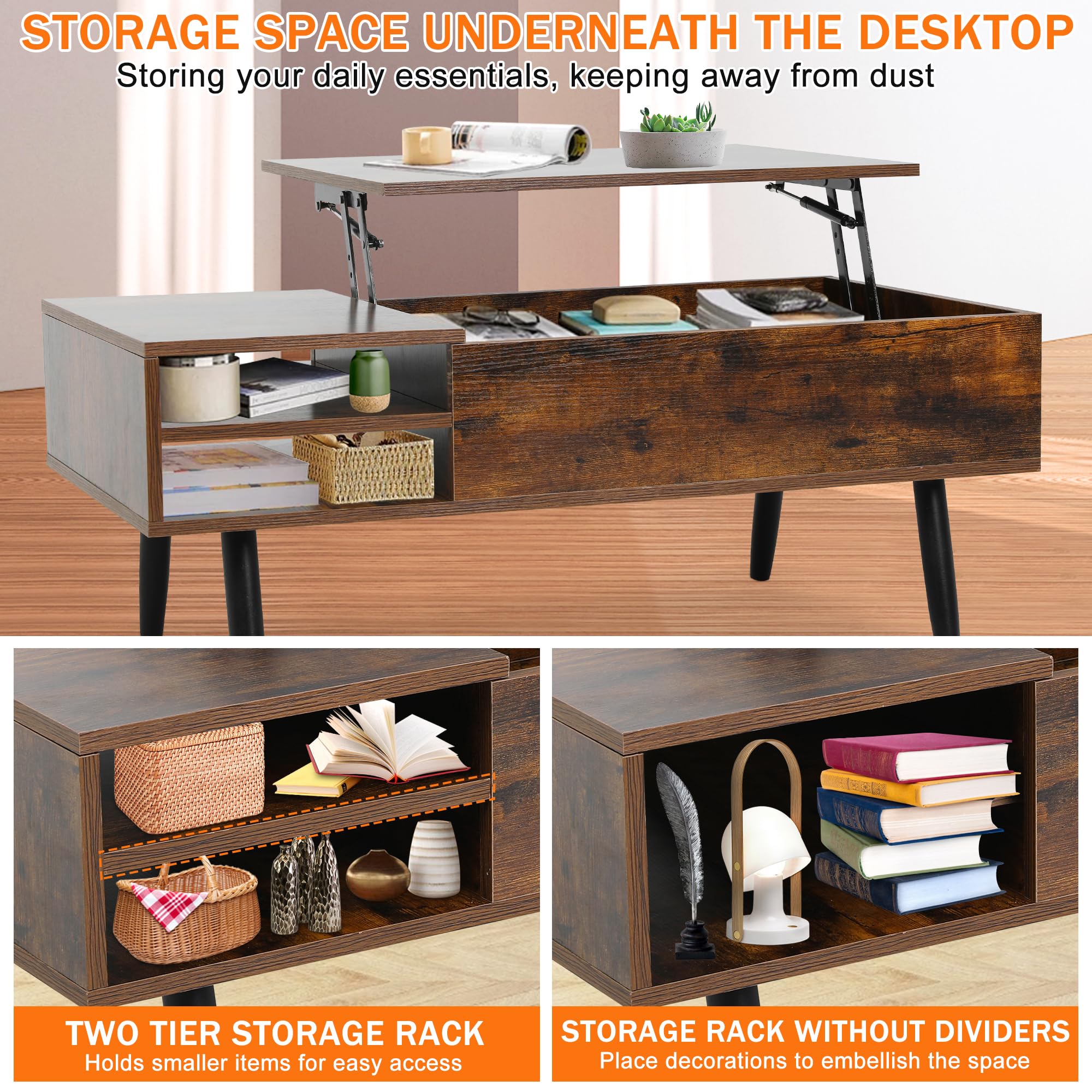 Wood Lift Top Coffee Table Rising Tabletop Center Coffee Table Small ...