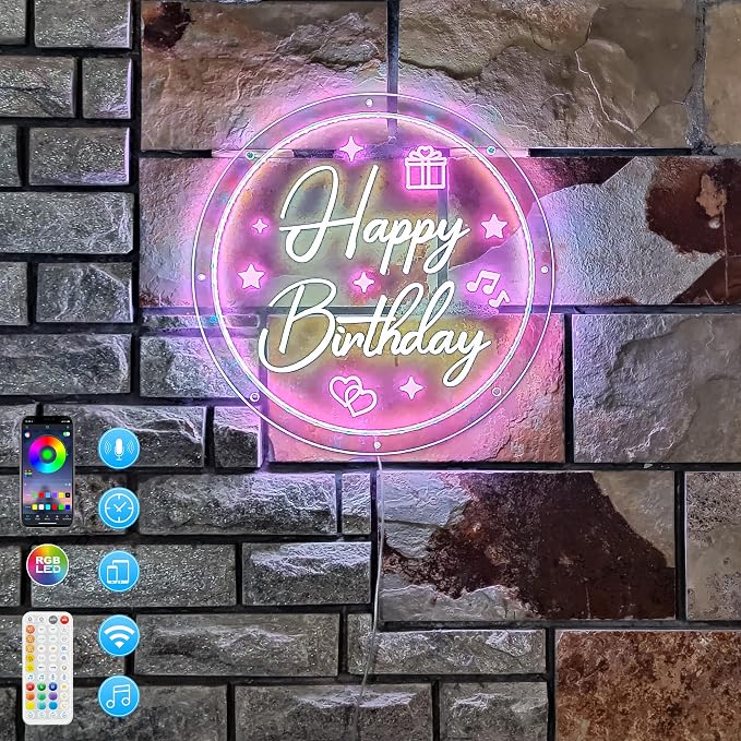 14" RGB Happy Birthday Neon Sign 3D Engraved Acrylic Edge Lit Signage ...