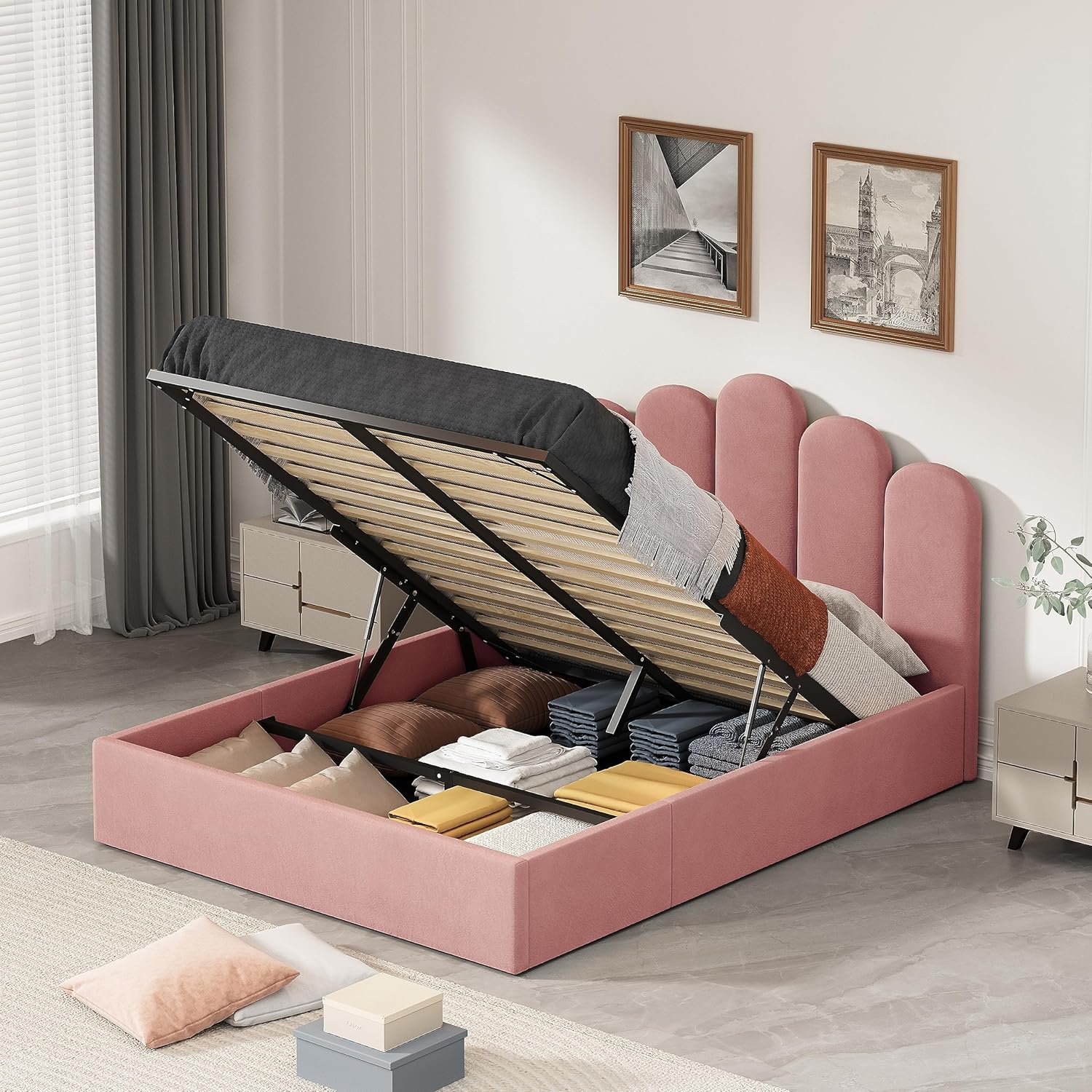 Amazon.com: QNZK Queen Size Lift Up Storage Bed Frame with Modern ...