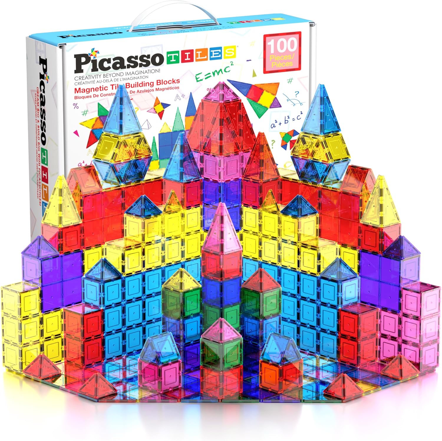 PicassoTiles 100 Piece Set 100pcs Magnet Building Tiles Clear Magnetic ...